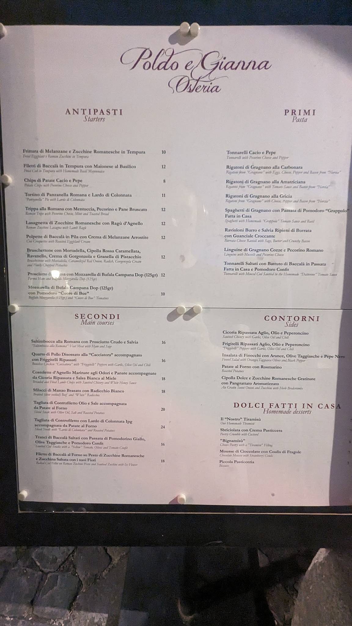Menu at Poldo e Gianna Osteria restaurant, Rome, Vicolo Rosini