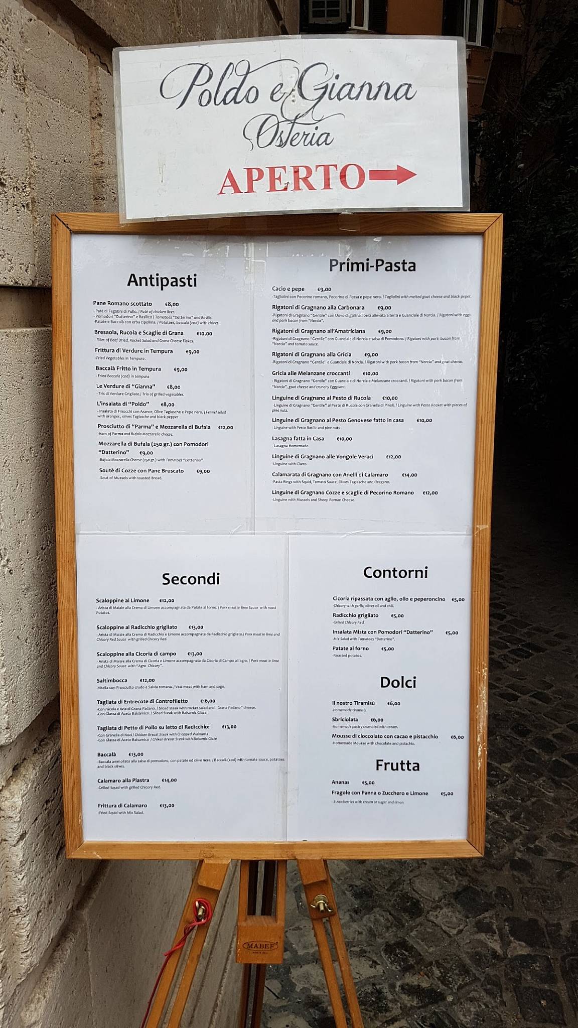Menu at Poldo e Gianna Osteria restaurant, Rome, Vicolo Rosini
