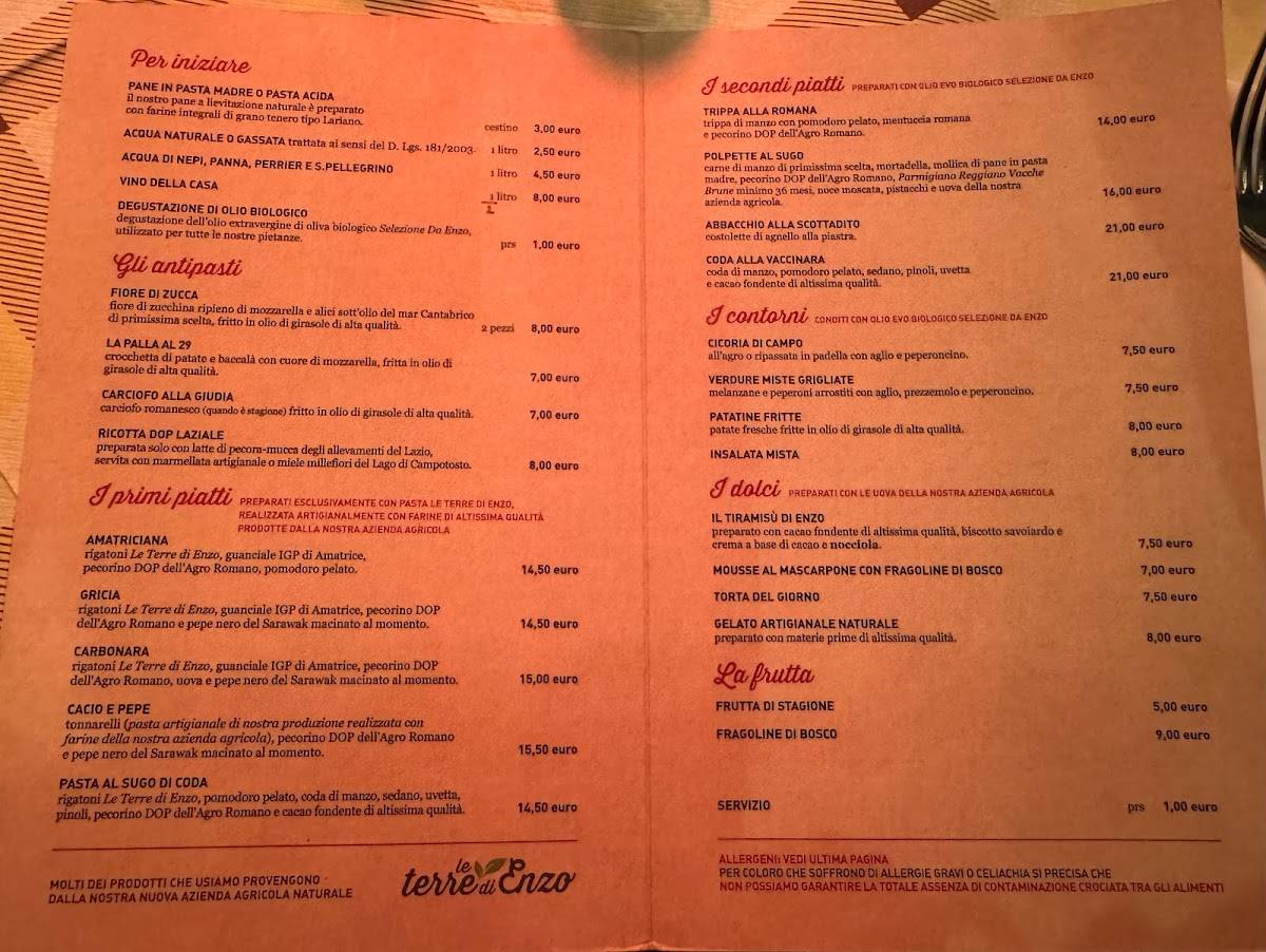 Menu at Trattoria Da Enzo al 29 restaurant, Rome
