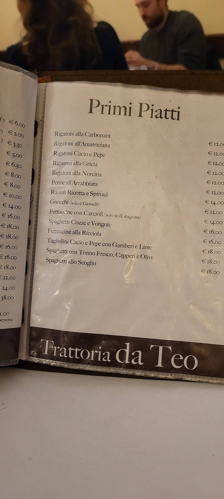 Menu at Trattoria Da Teo restaurant, Rome, Piazza dei Ponziani