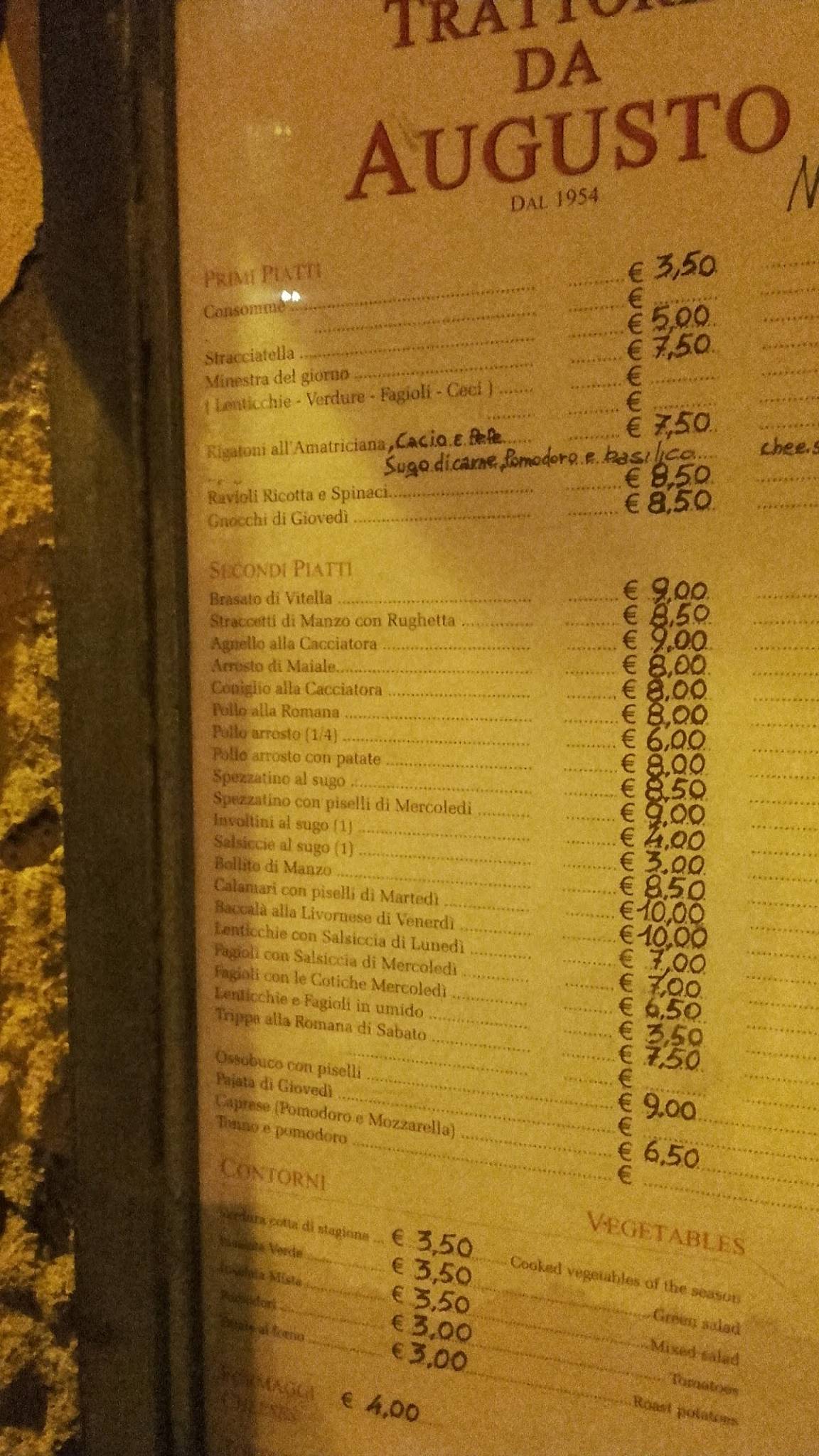 Menu da Trattoria da Augusto ristorante, Roma