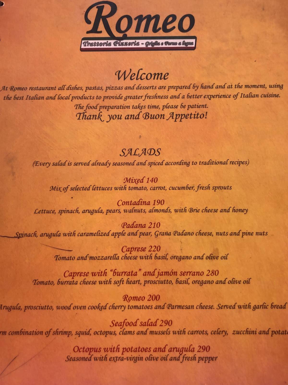 Menu at Romeo Trattoria Pizzeria, Playa del Carmen, Calle 4 Nte 150