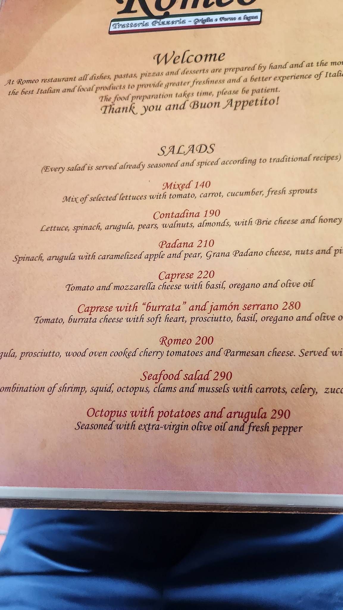 Menu at Romeo Trattoria Pizzeria, Playa del Carmen, Calle 4 Nte 150