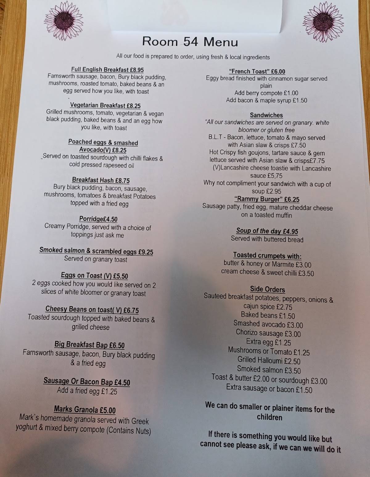 Menu at Room 54 Ramsbottom cafe, Bury