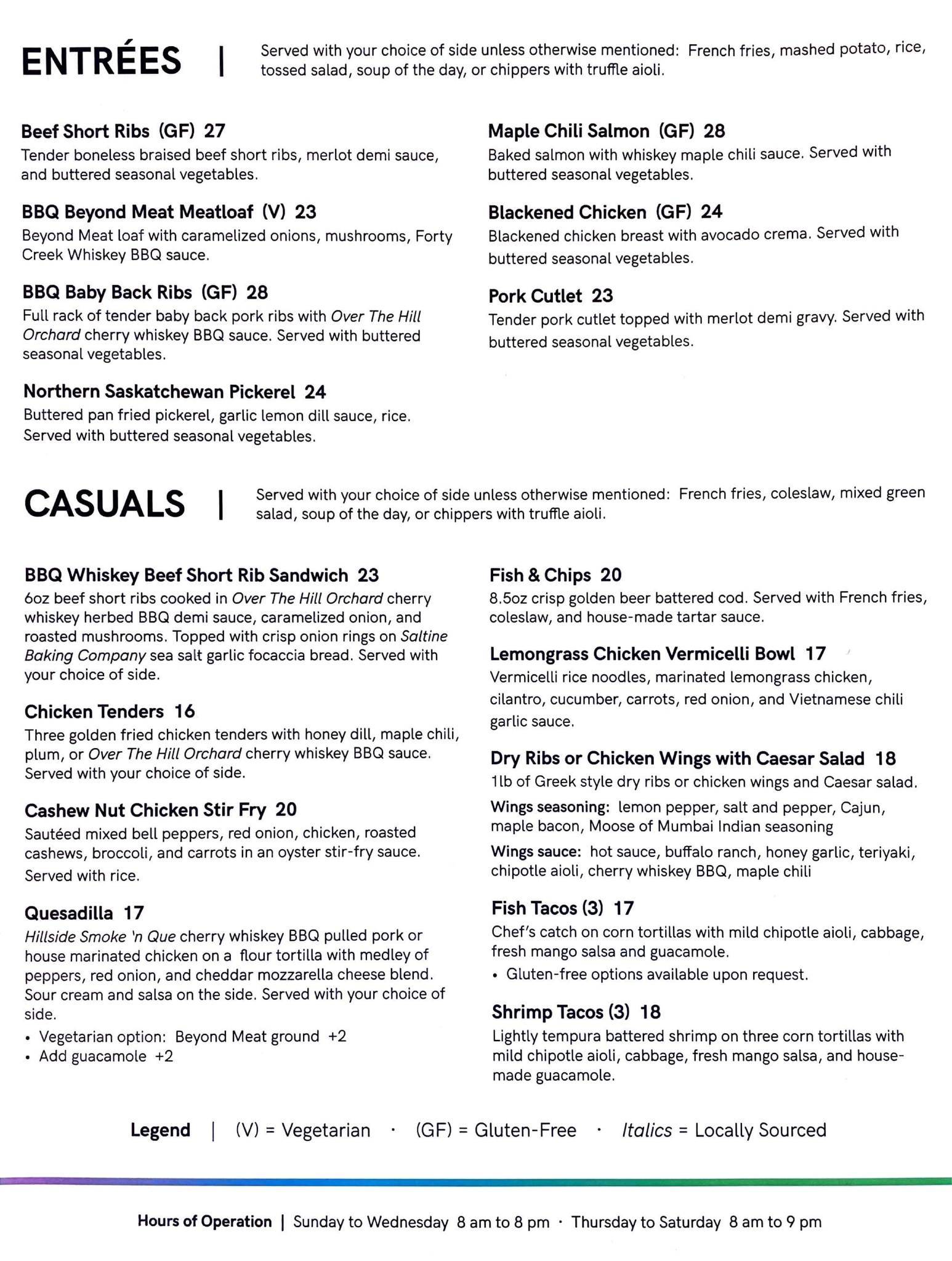 Menu at Roots Kitchen & Bar, Regina