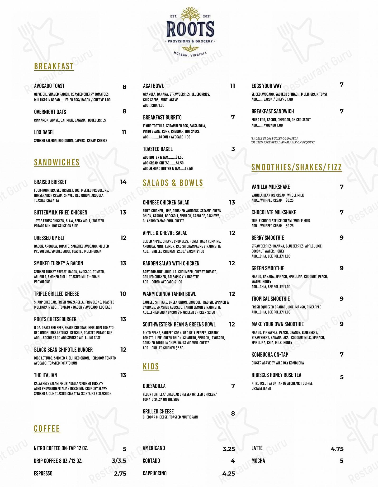 Menu at Roots Kitchen & Bar, McLean