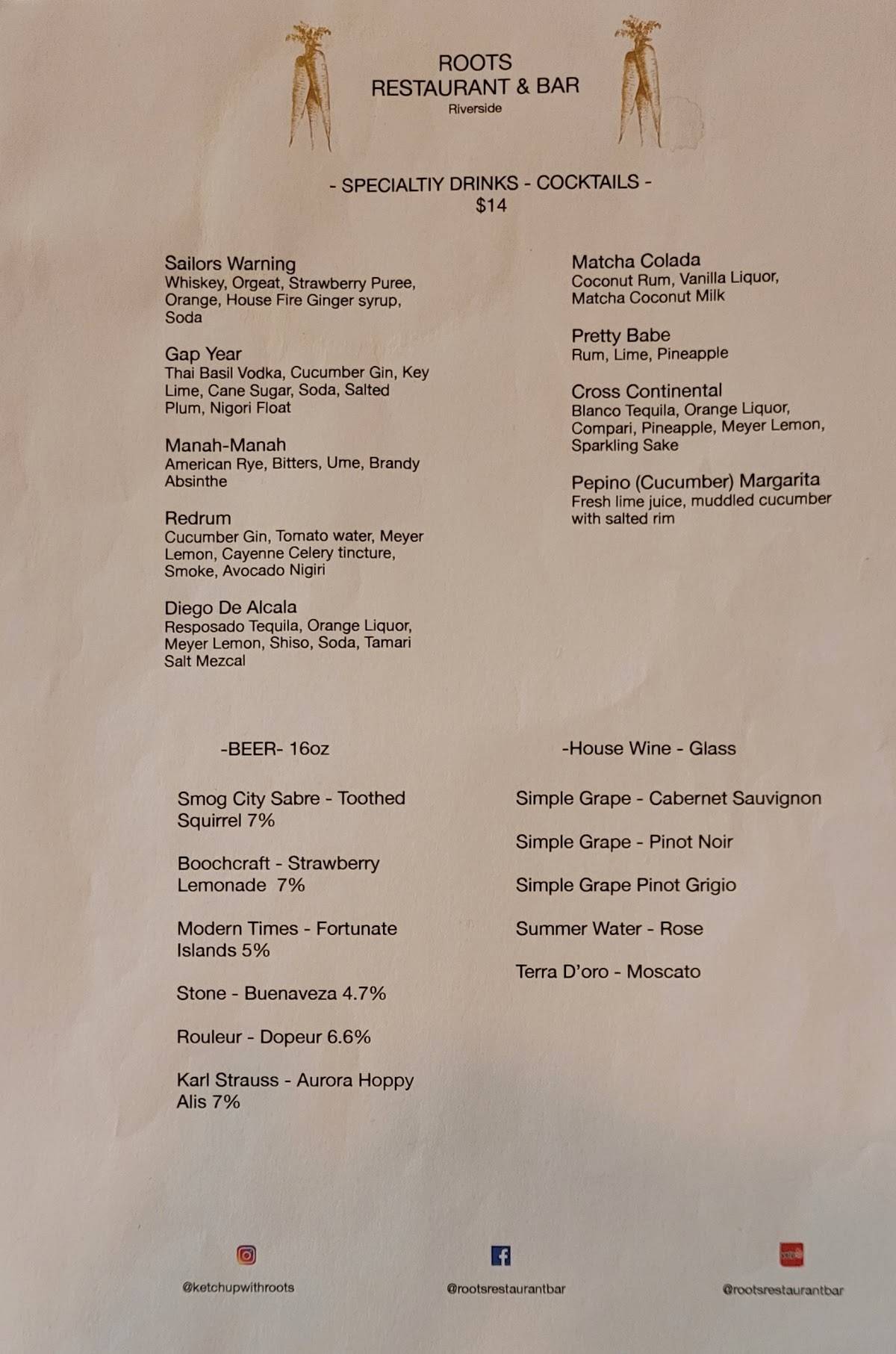Menu at Roots Restaurant & Bar, Riverside