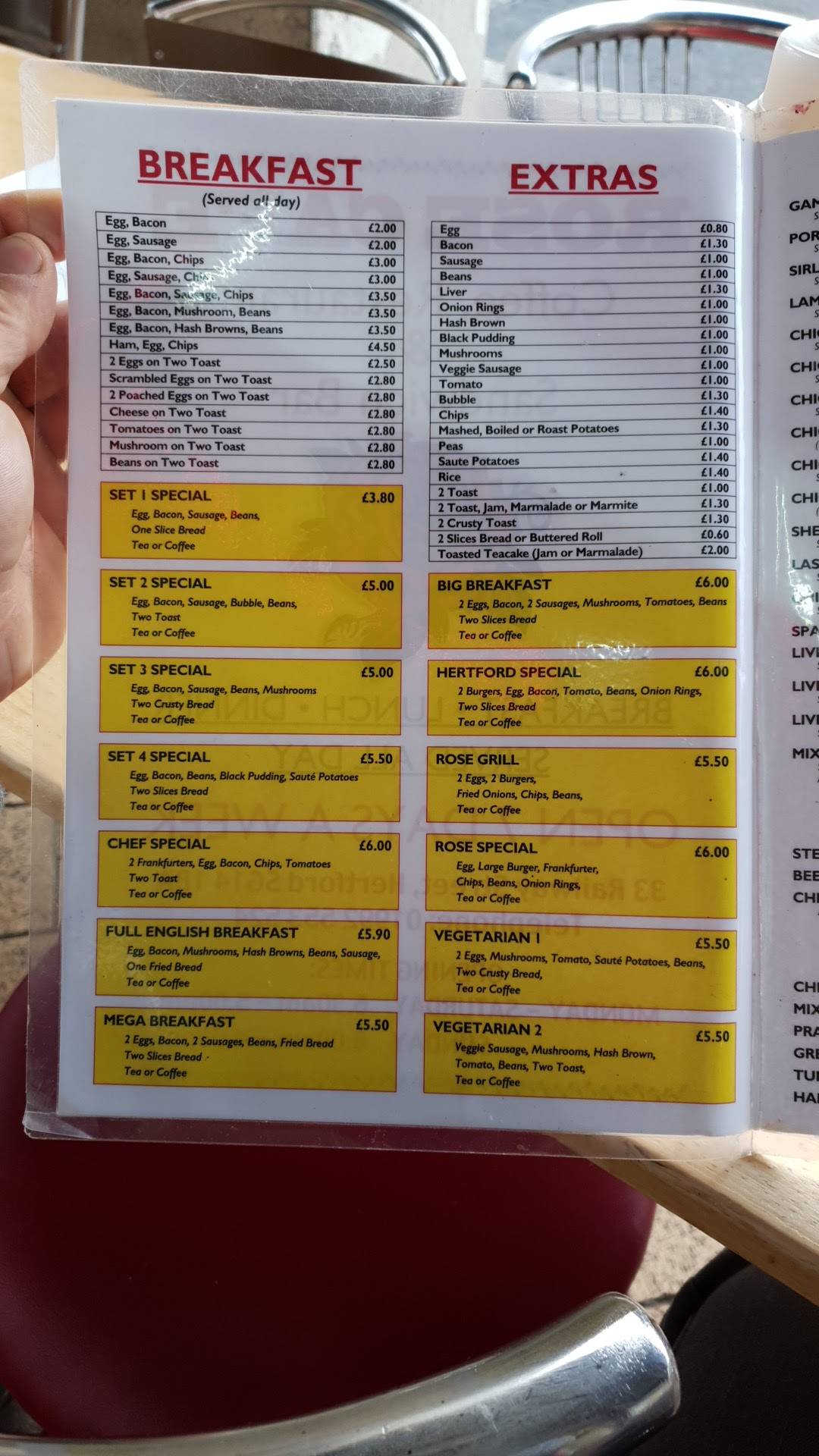Menu at Rose Cafe, Hertford