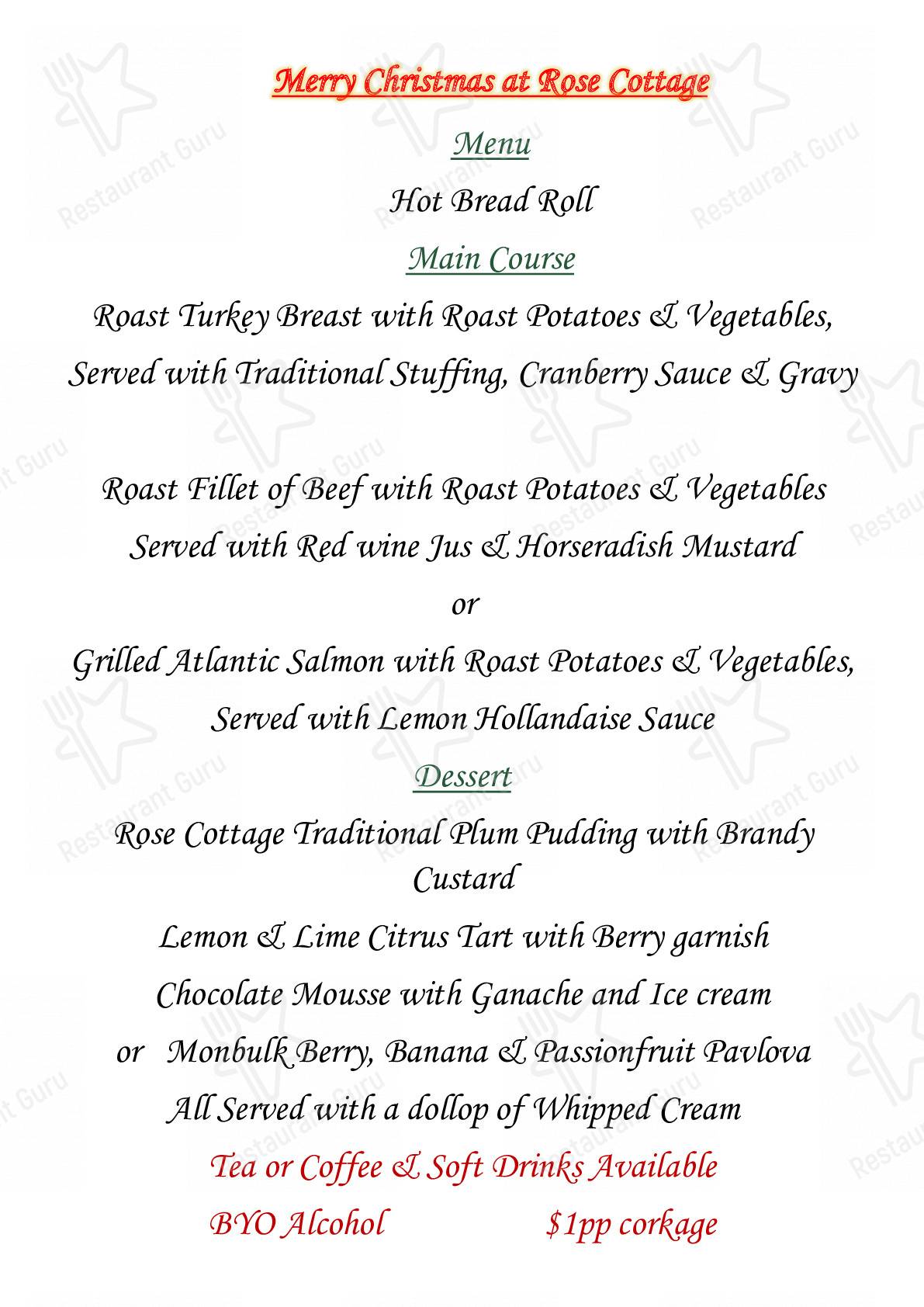 Menu at Rose Cottage Restaurant, Monbulk
