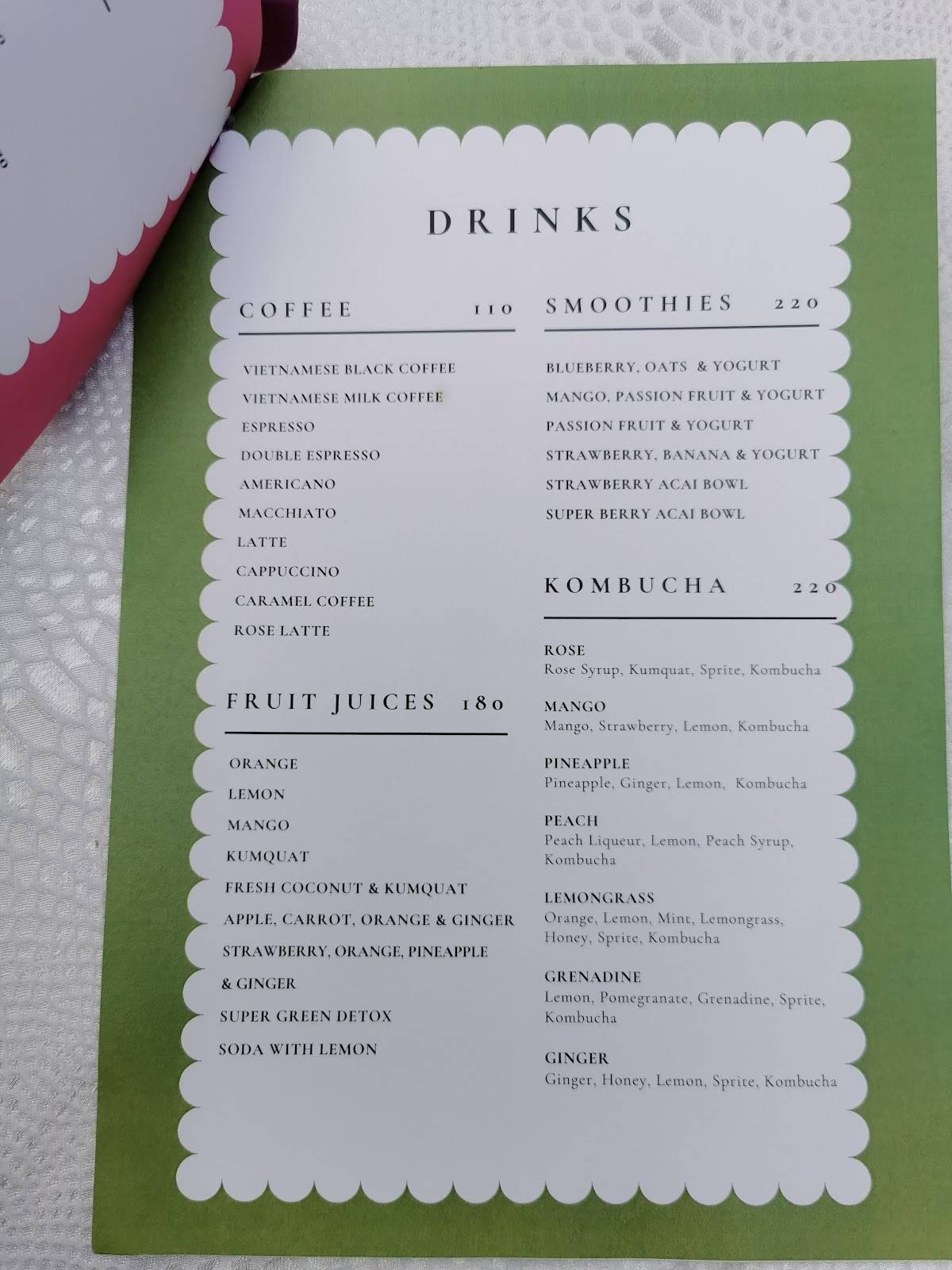 Menu at Rose Villa Saigon restaurant, Ho Chi Minh City
