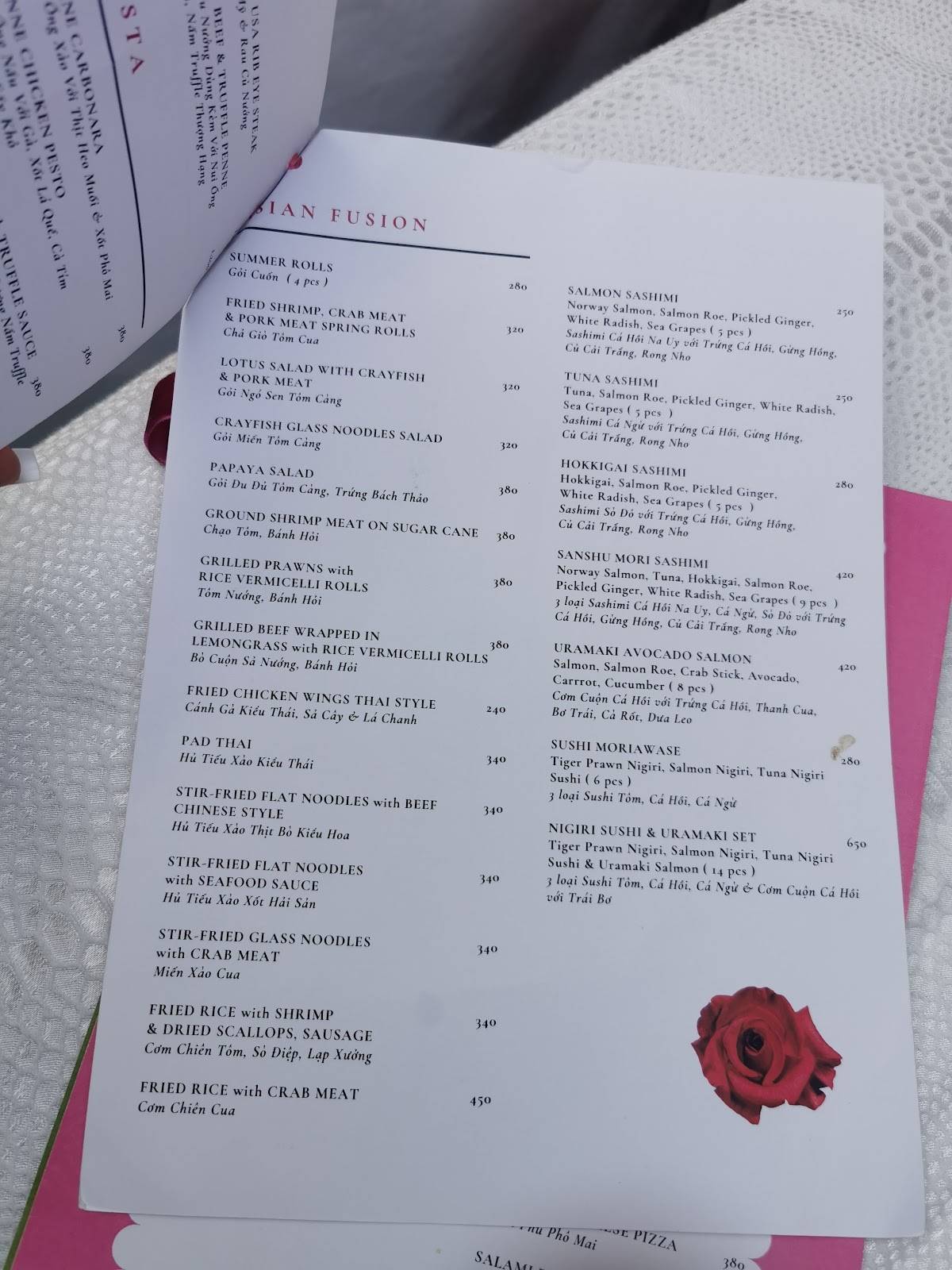 Menu at Rose Villa Saigon restaurant, Ho Chi Minh City
