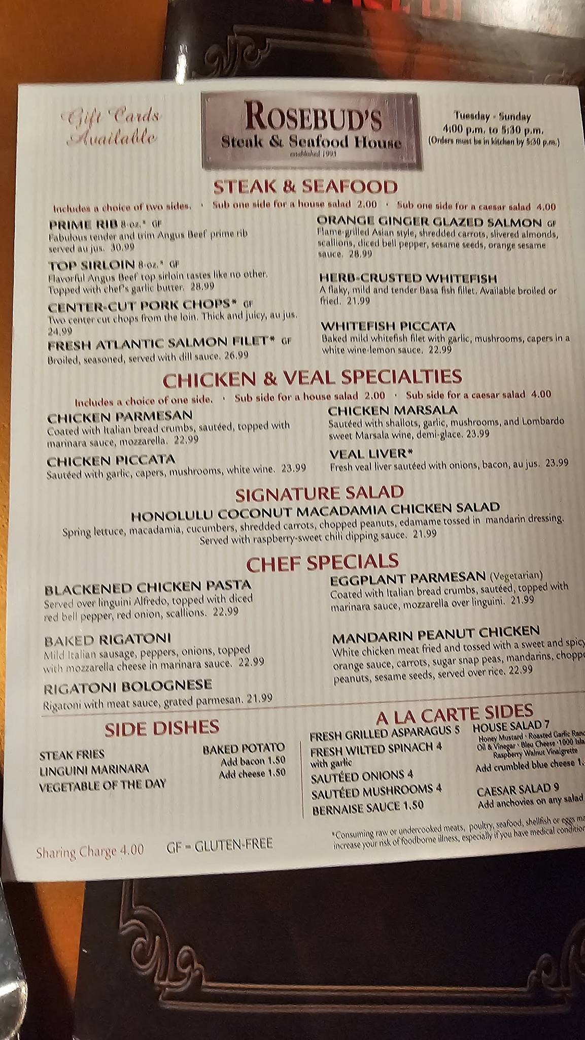 Menu at Rosebud's Steak and Seafood House steakhouse, Osprey