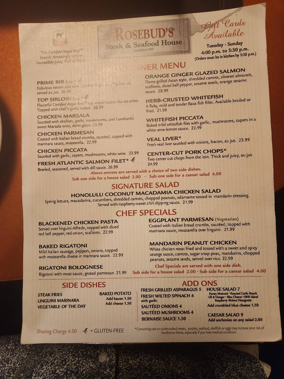 Menu at Rosebud's Steak and Seafood House steakhouse, Osprey