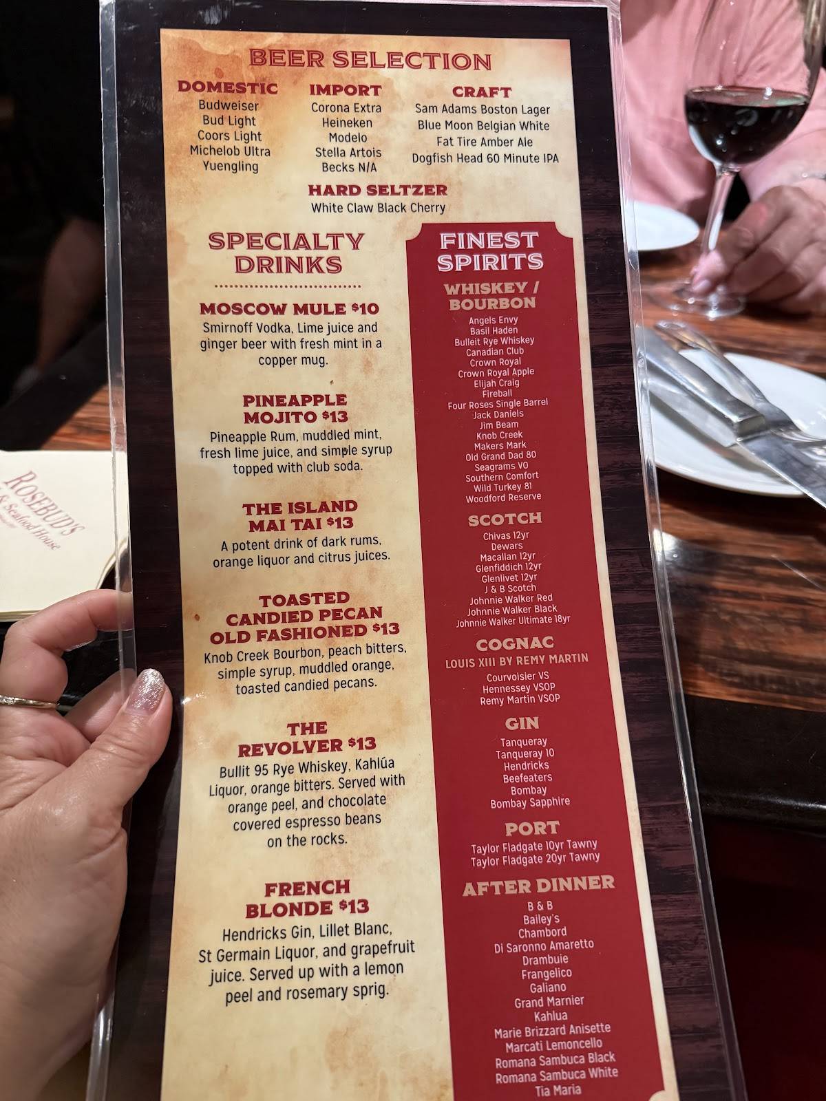 Menu at Rosebud's Steak & Seafood House steakhouse, Osprey