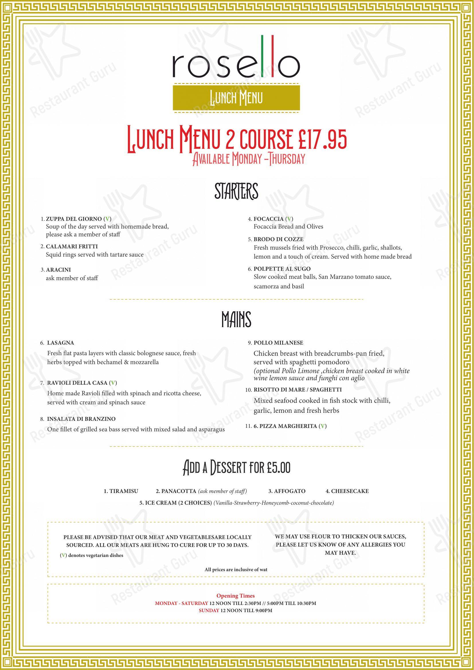 Menu at Rosello Restaurant, Albrighton