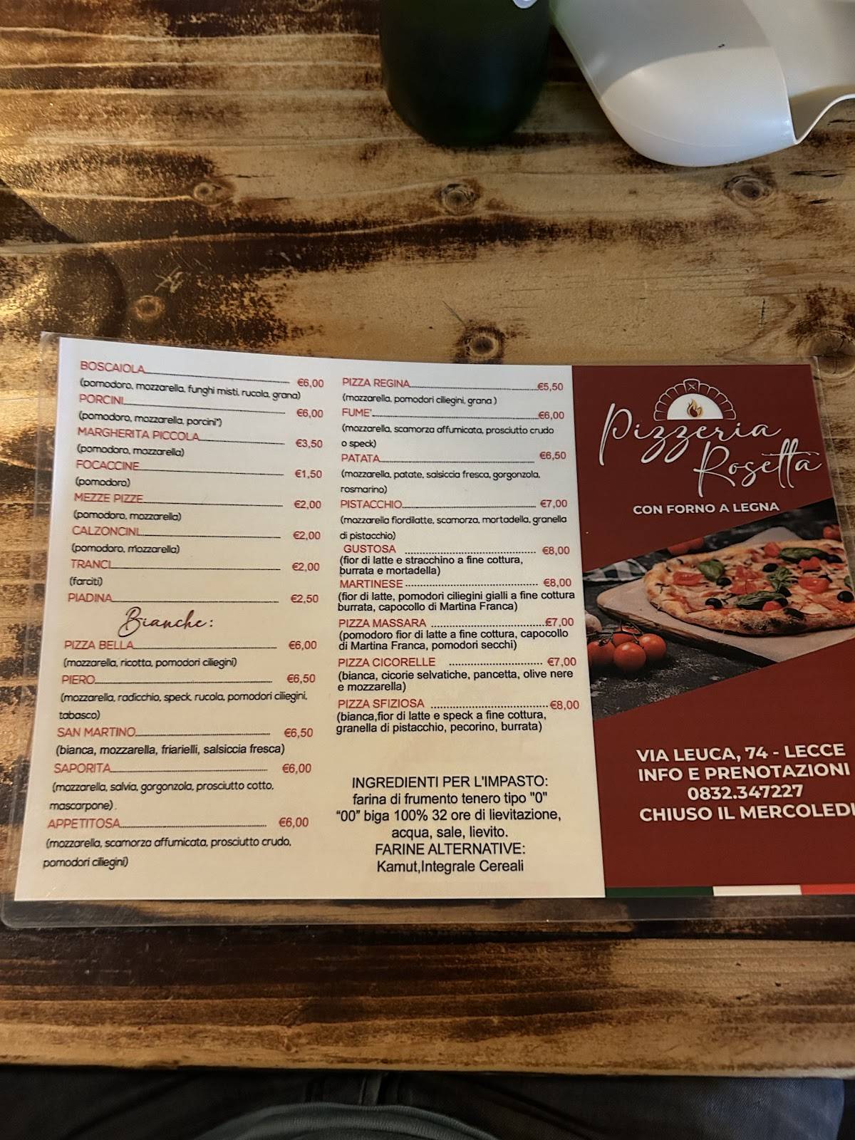 Carta de pizzería Rosetta, Lecce