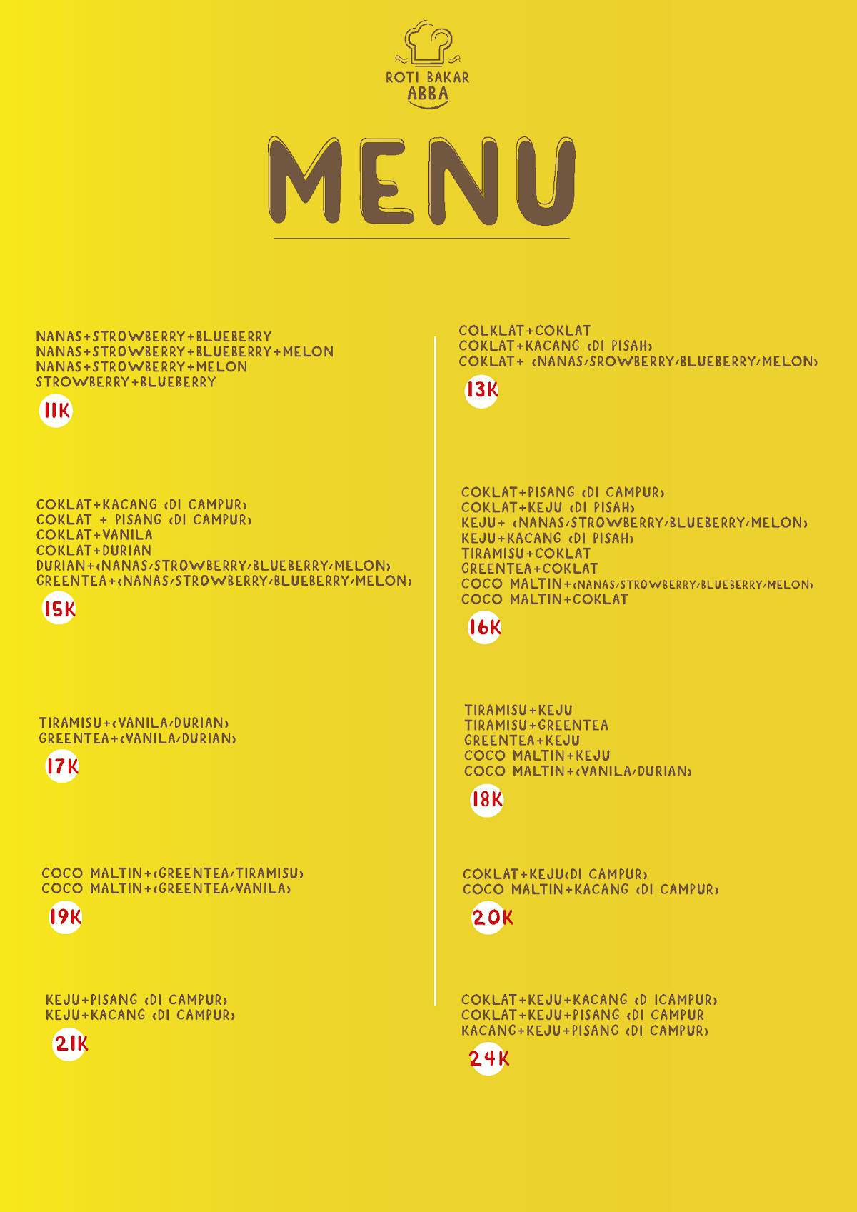 Carta del restaurante Roti Bakar ABBA, Gonilan