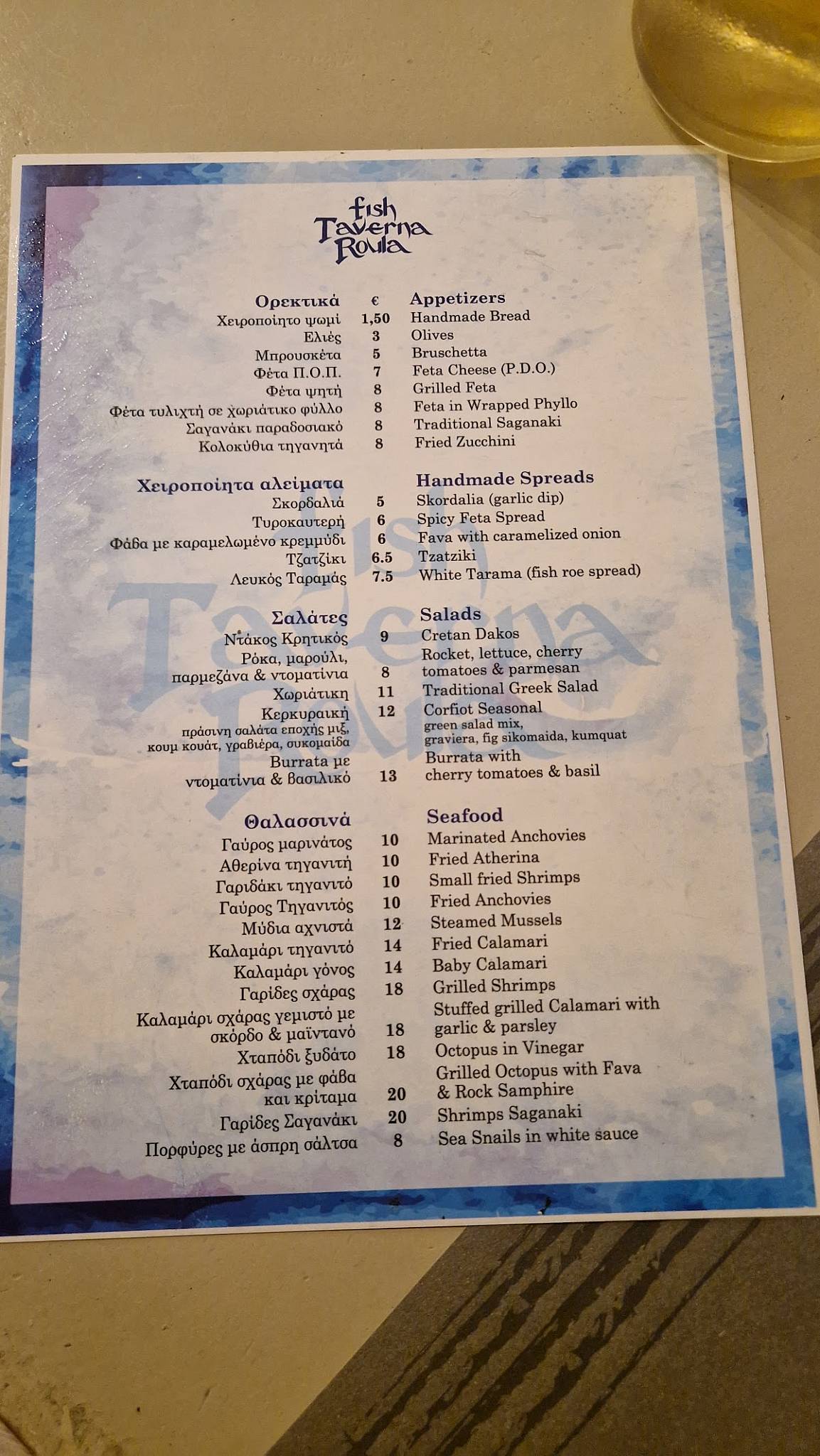 Menu at Roula Fish Taverna, Kontokali