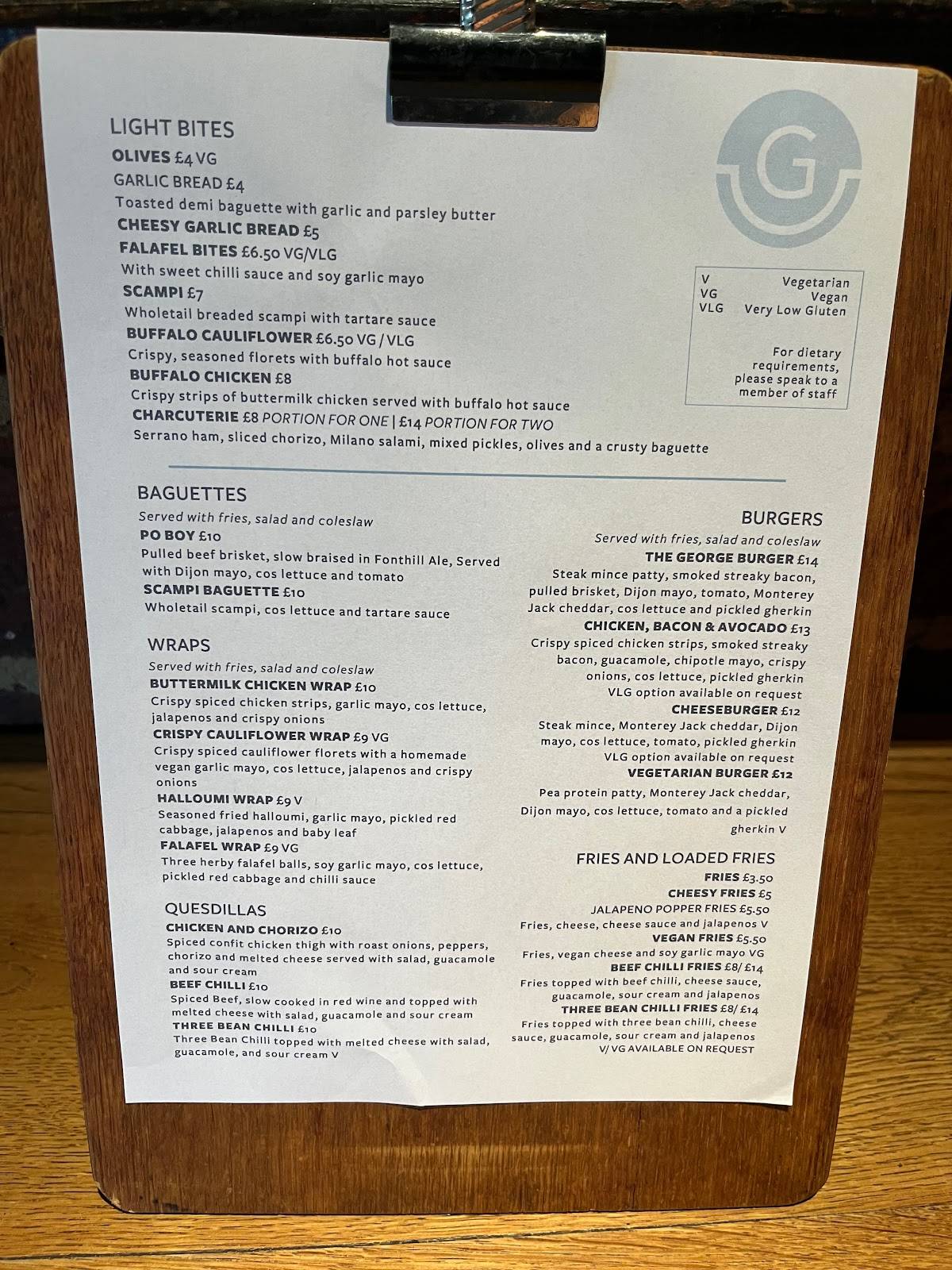 Menu at The George pub & bar, Royal Tunbridge Wells
