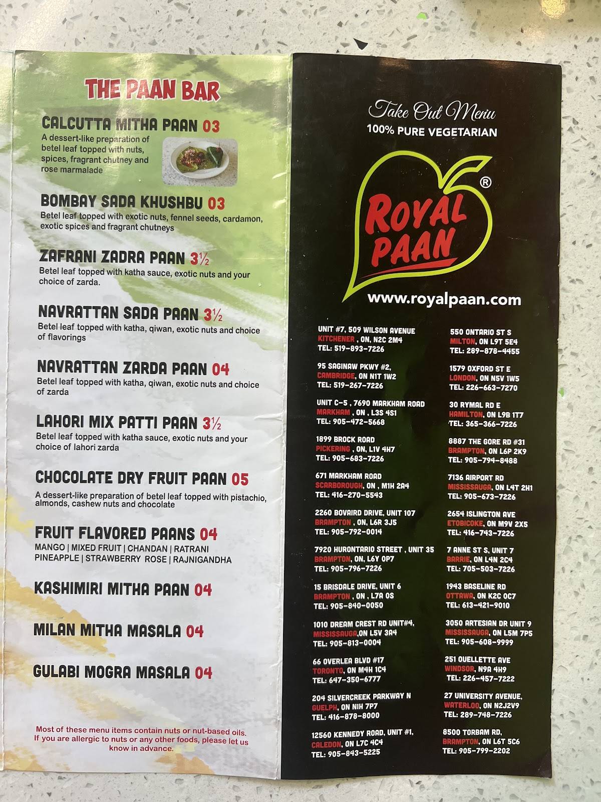 Menu at Royal paan restaurant, Caledon