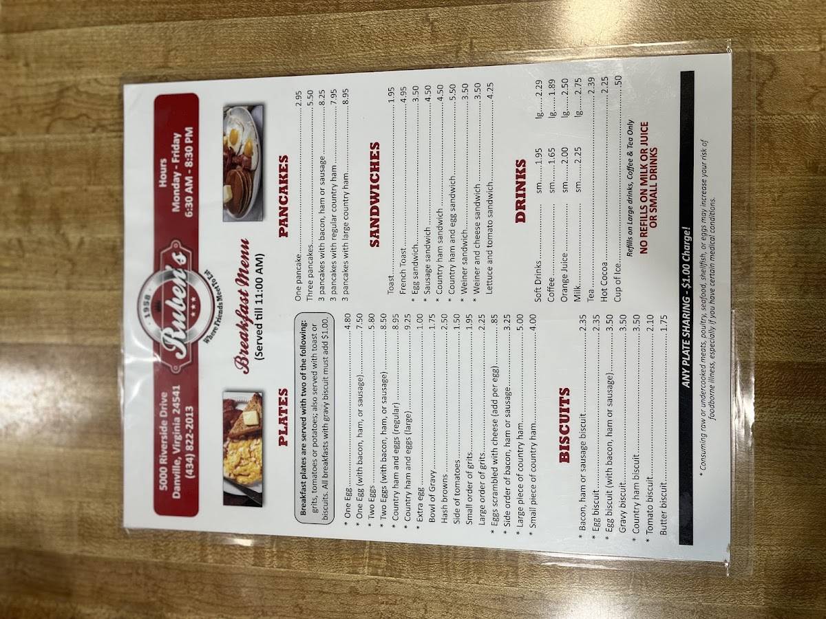 Menu at Ruben's Restaurant, Danville