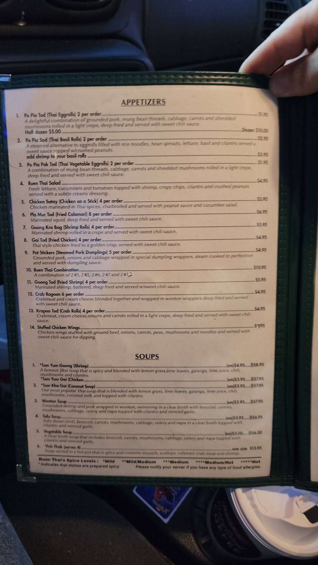 Menu at Ruen Thai restaurant, Cornelia