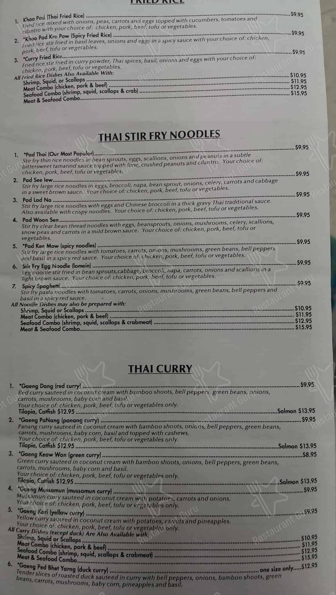 Menu at Ruen Thai restaurant, Cornelia