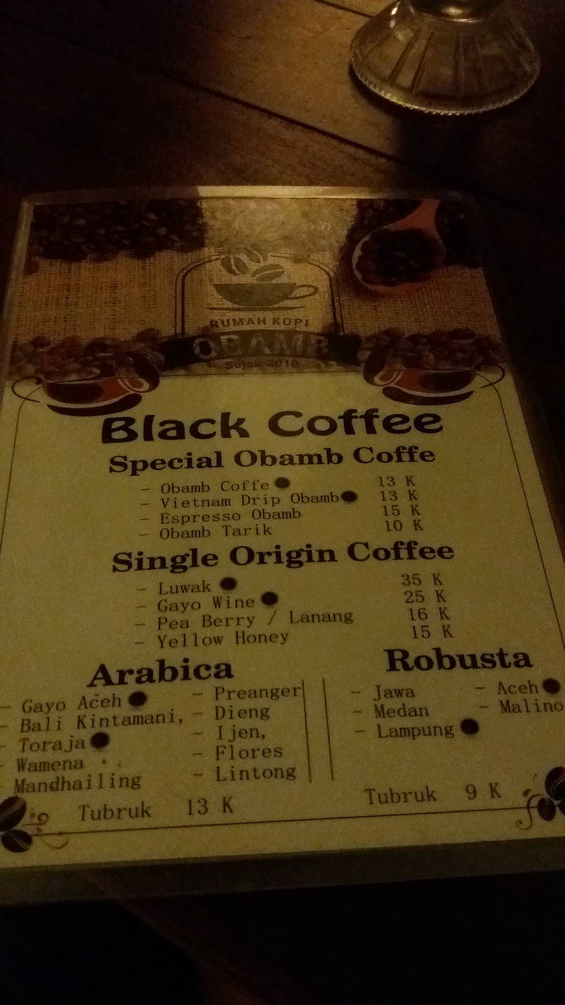 Menu at Rumah Kopi Obamb cafe, Purwokerto, Ruko Purwokencana no. 9A ...