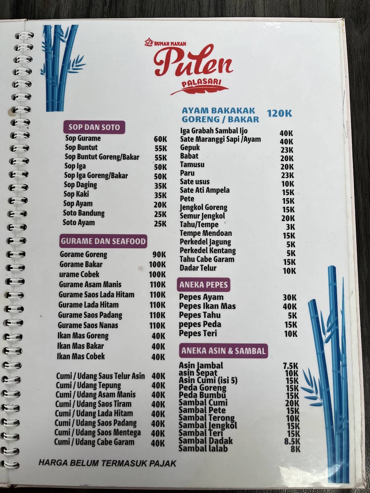 Menu at Rumah Makan PULEN PALASARI restaurant, Ciater