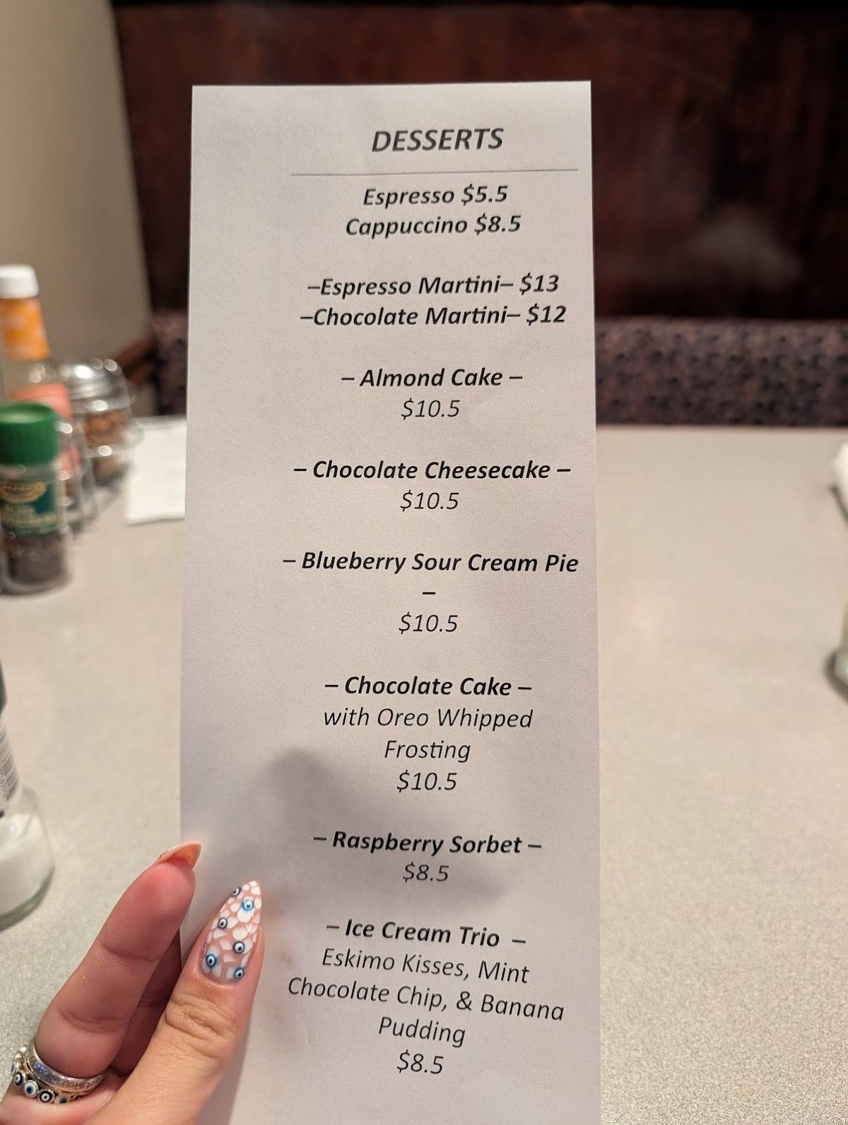 Menu at Russo's restaurant, Peninsula