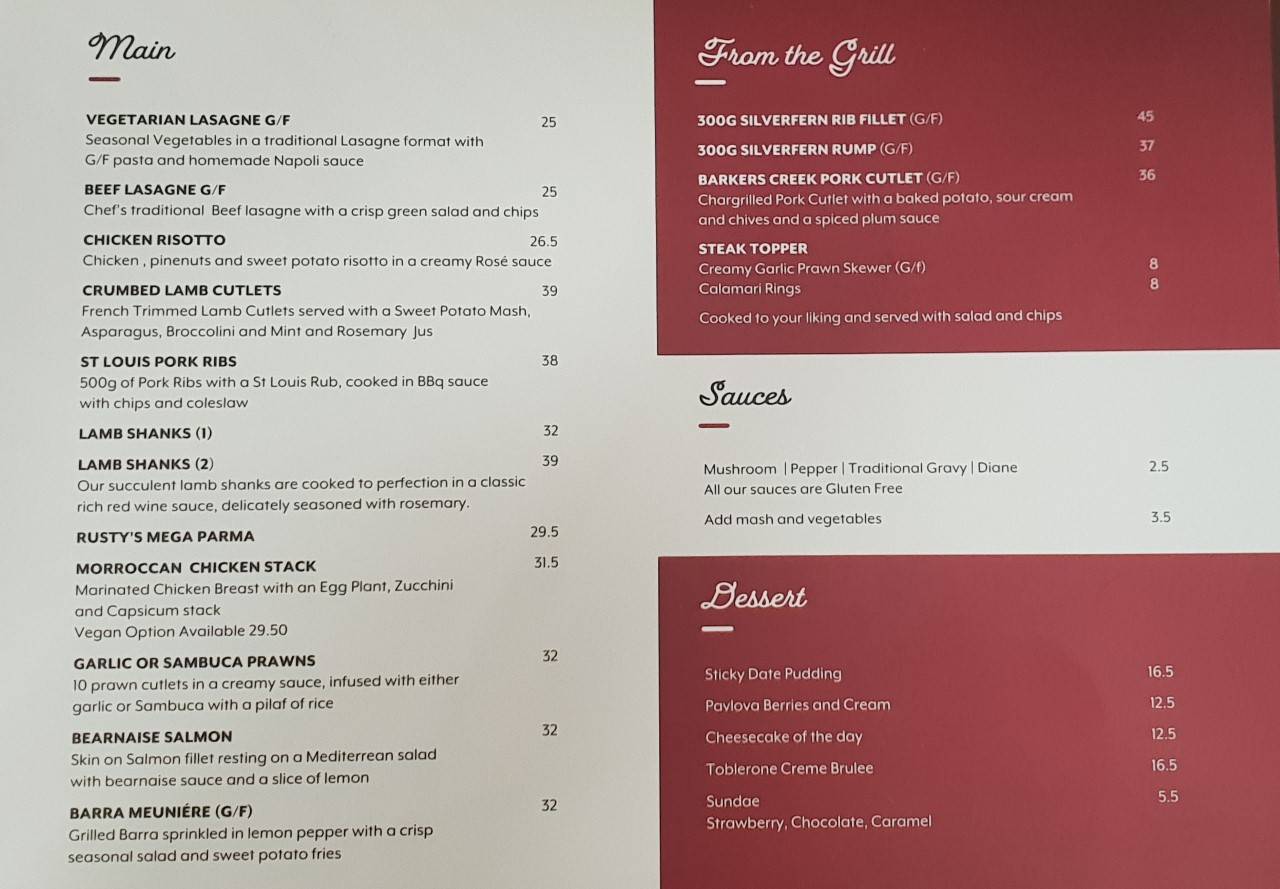 Menu at Rusty’s Bar & Grill, Pittsworth