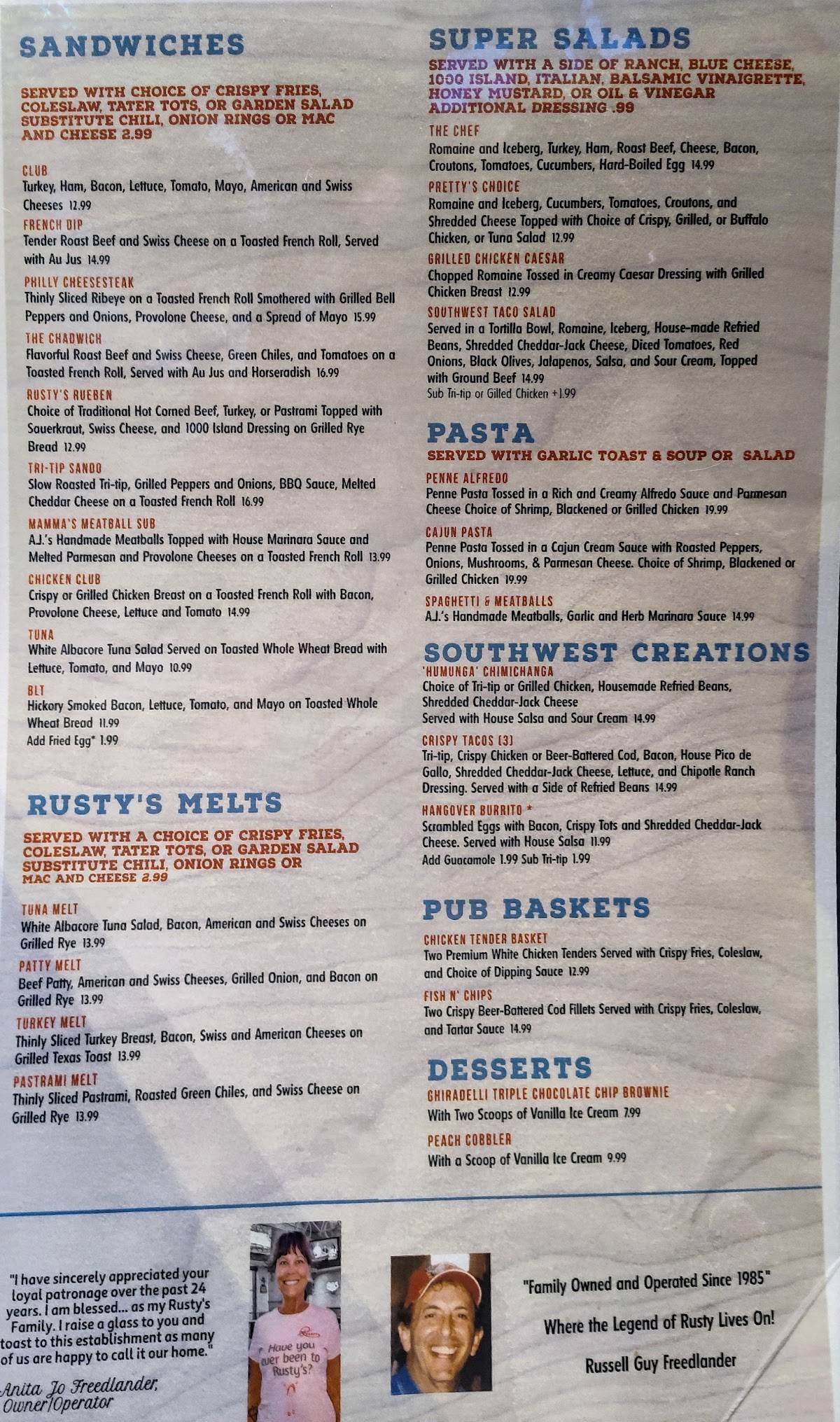 Menu at Rusty's Family Restaurant & Sports Grille, Tucson