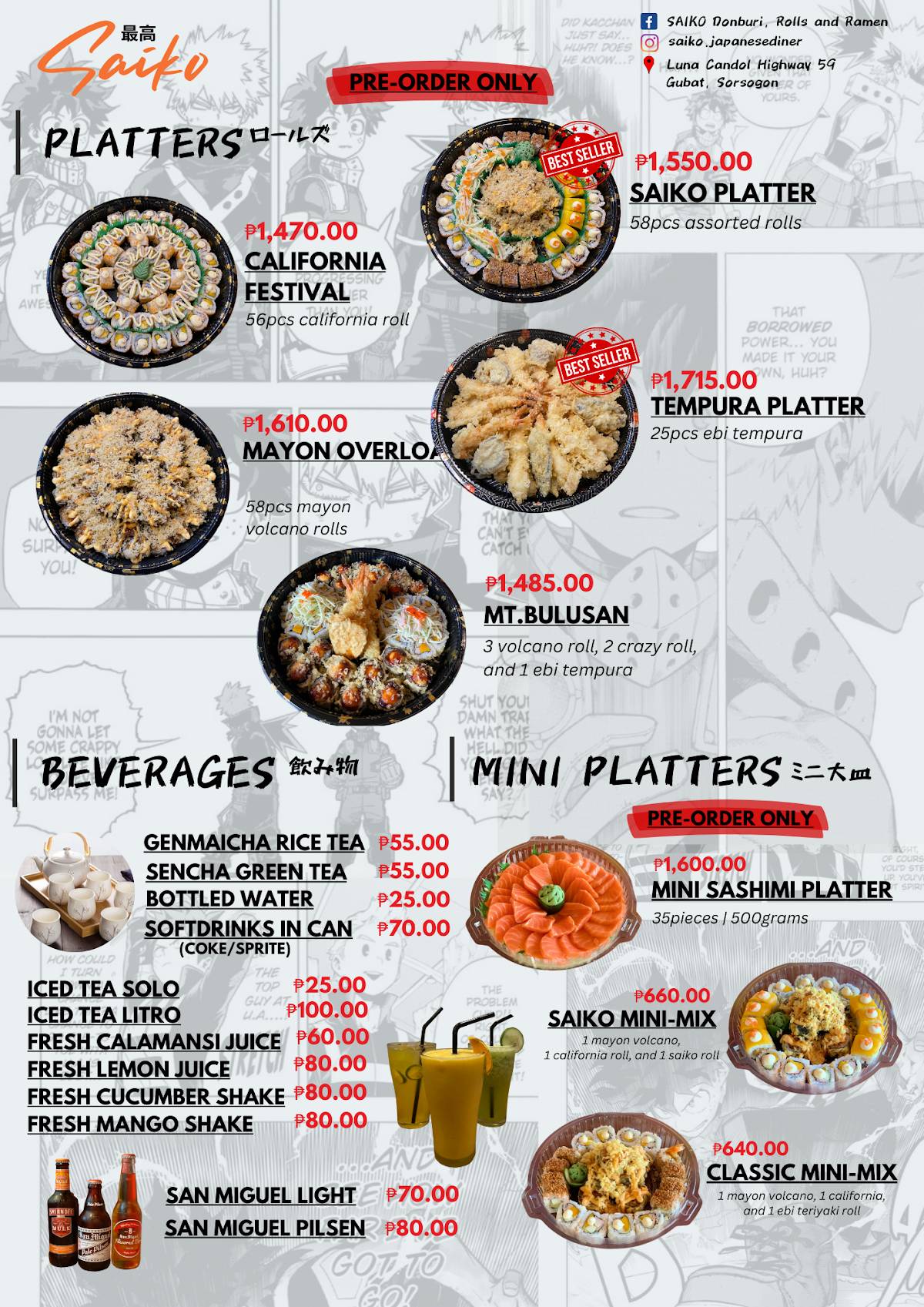 Menu at SAIKO Donburi, Rolls & Ramen restaurant, Gubat