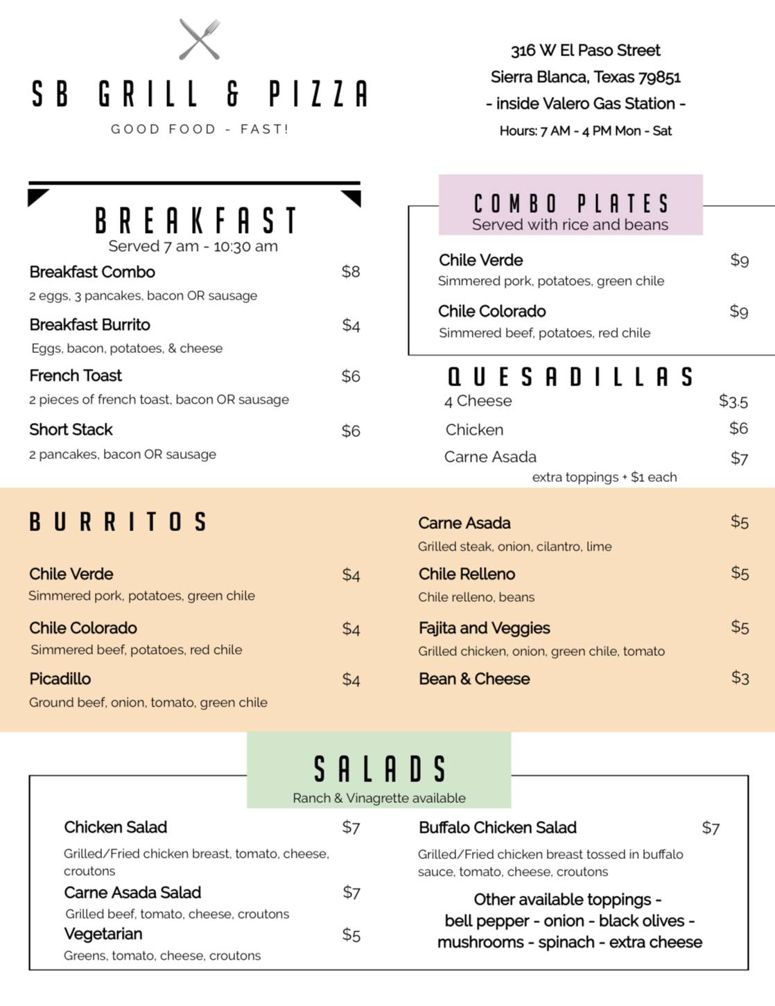 Menu at SB Grill & Pizza restaurant, Sierra Blanca