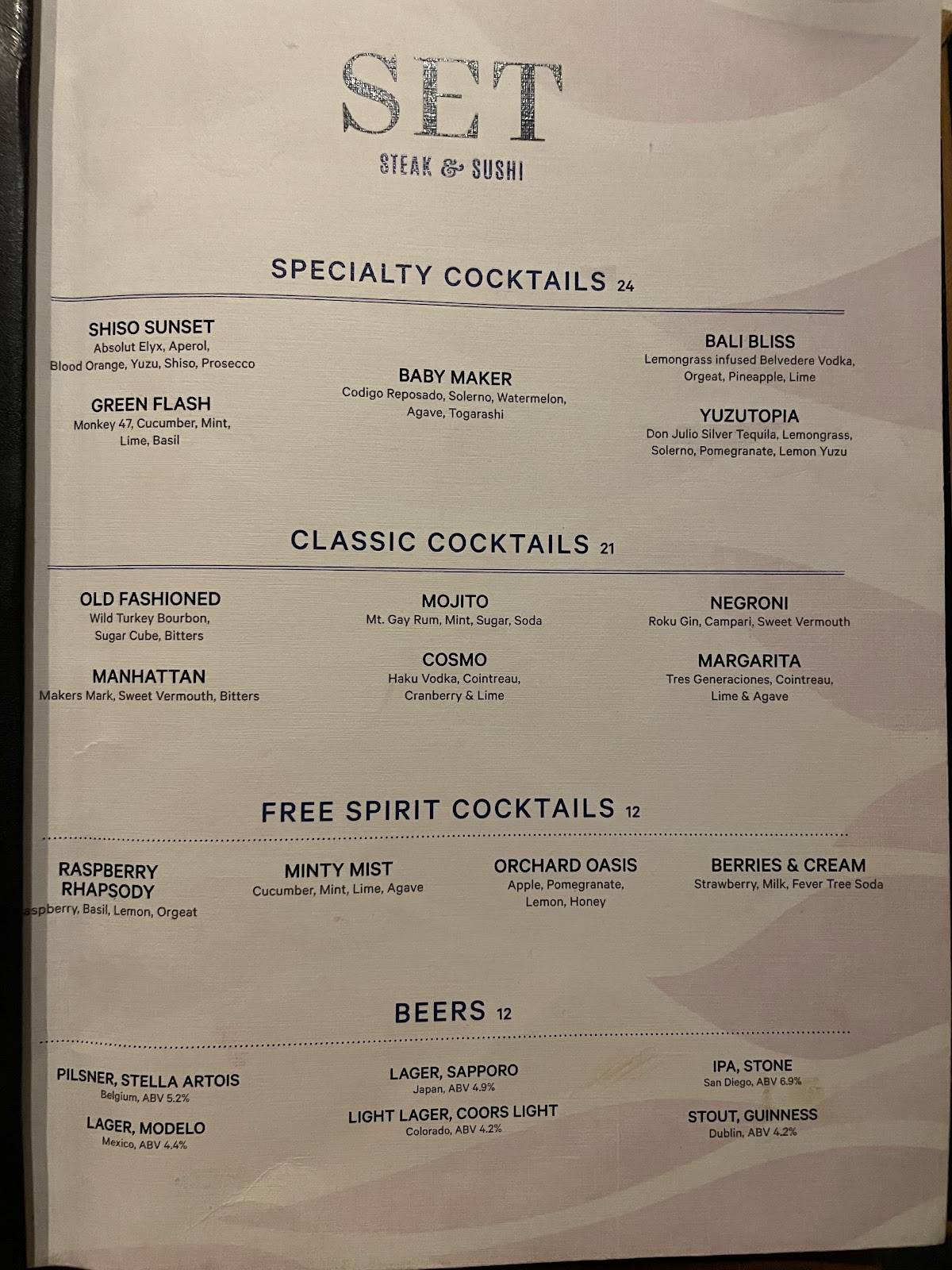 Menu at SET Steak & Sushi restaurant, Newport Beach