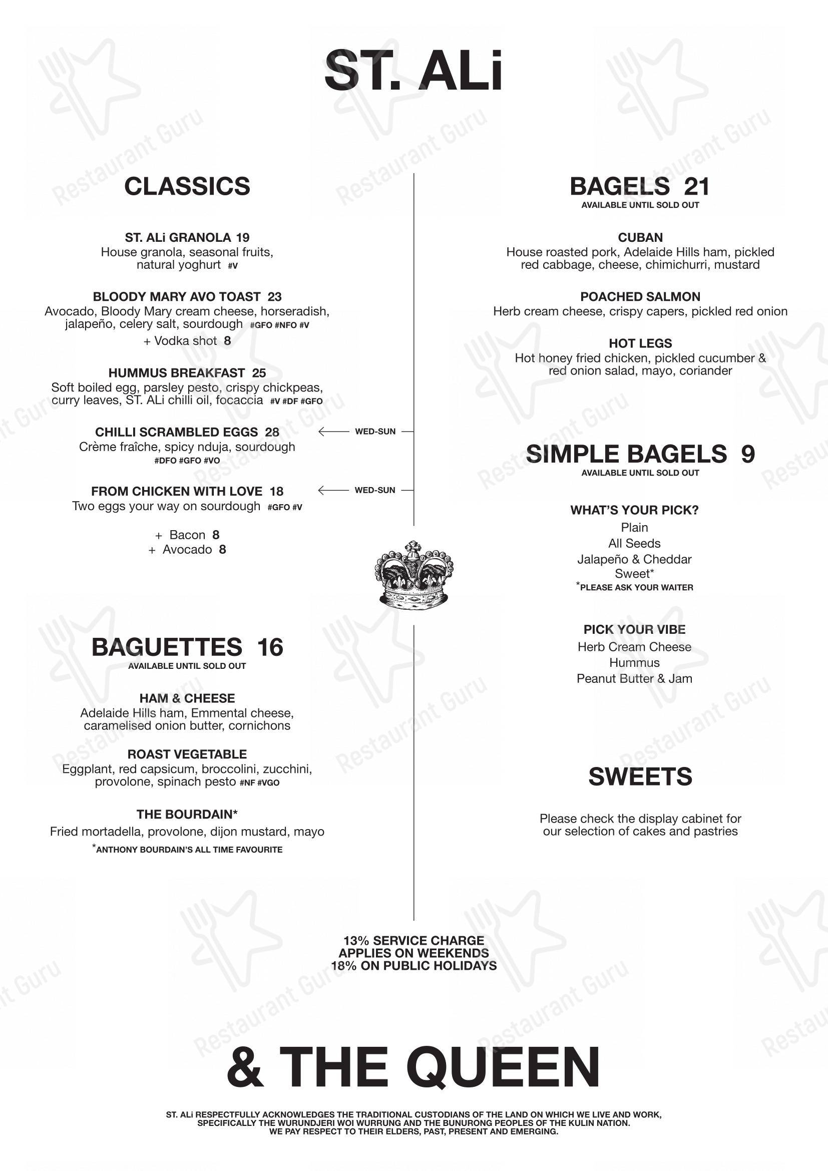 Menu at ST. Ali & THE QUEEN cafe, Melbourne
