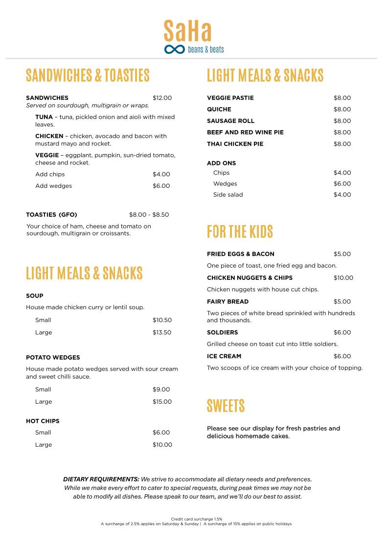 Menu at SaHa – beans & beats restaurant, Warrandyte