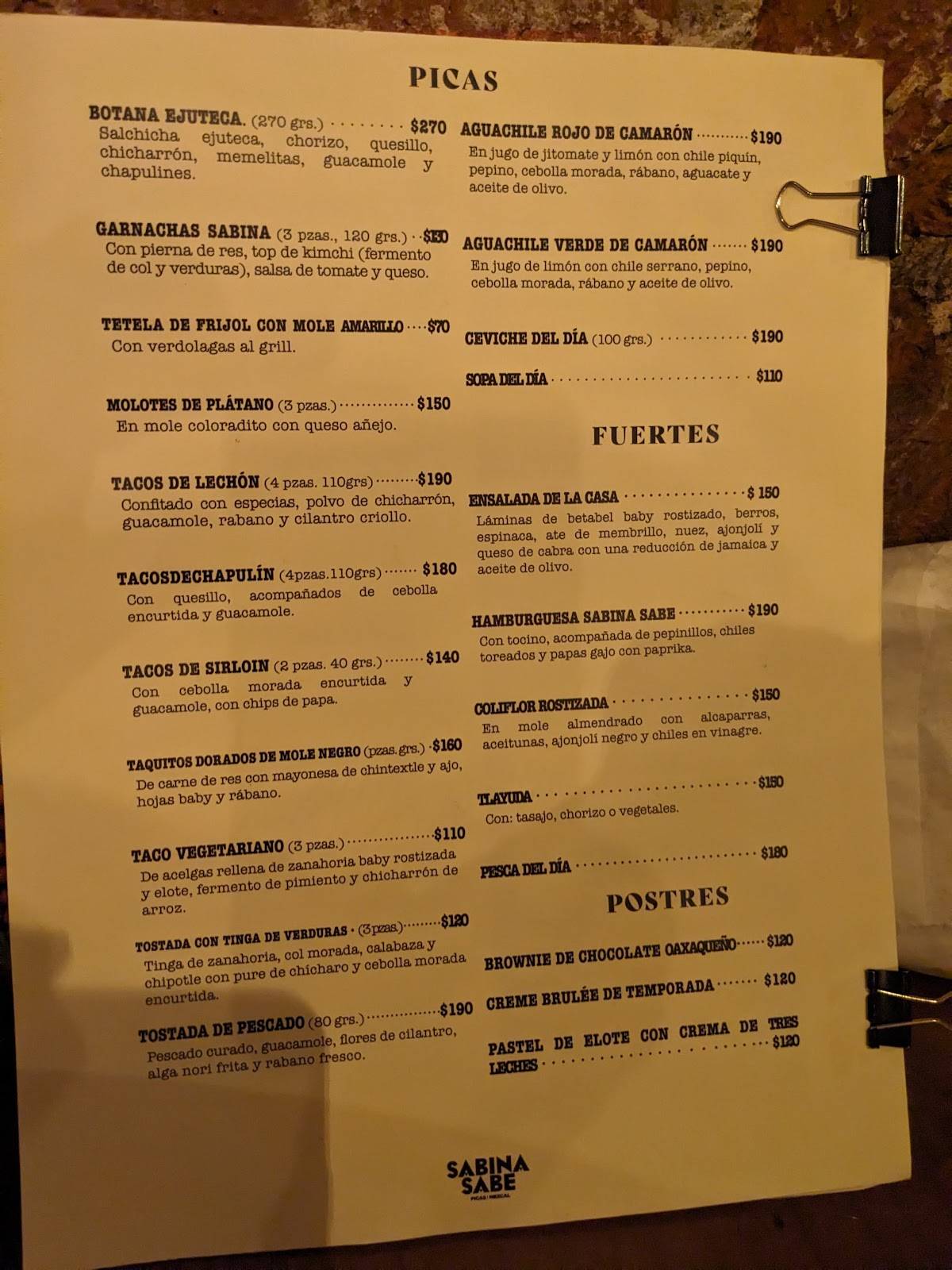 Menu at Sabina Sabe pub & bar, Oaxaca, 5 de Mayo 209