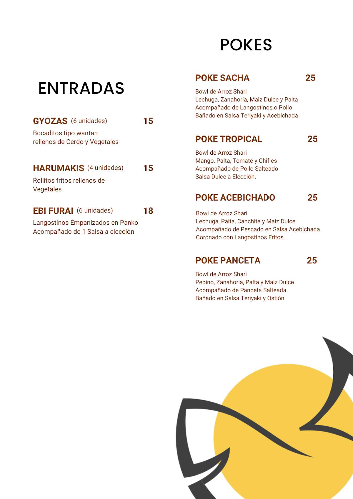 Carta del restaurante Sacha Nikkei, Chincha Baja, Jiron Los Angeles 153