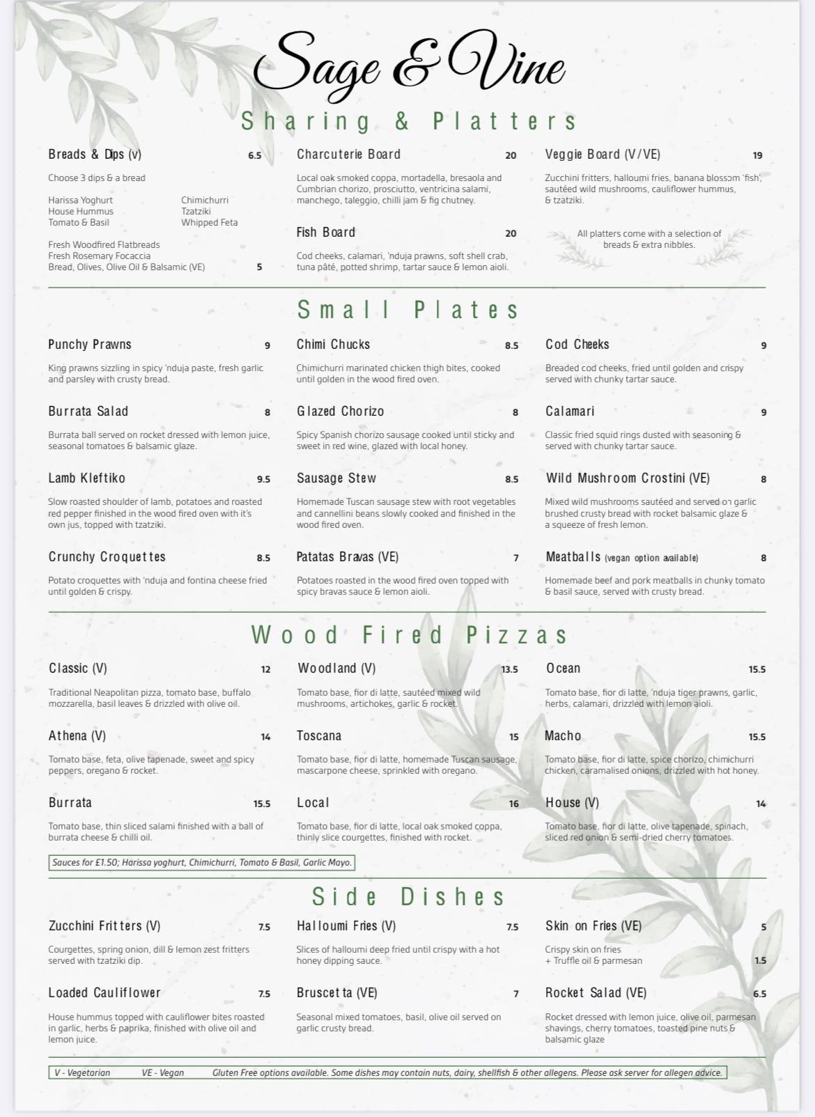 Menu at Sage & vine restaurant, Carlisle