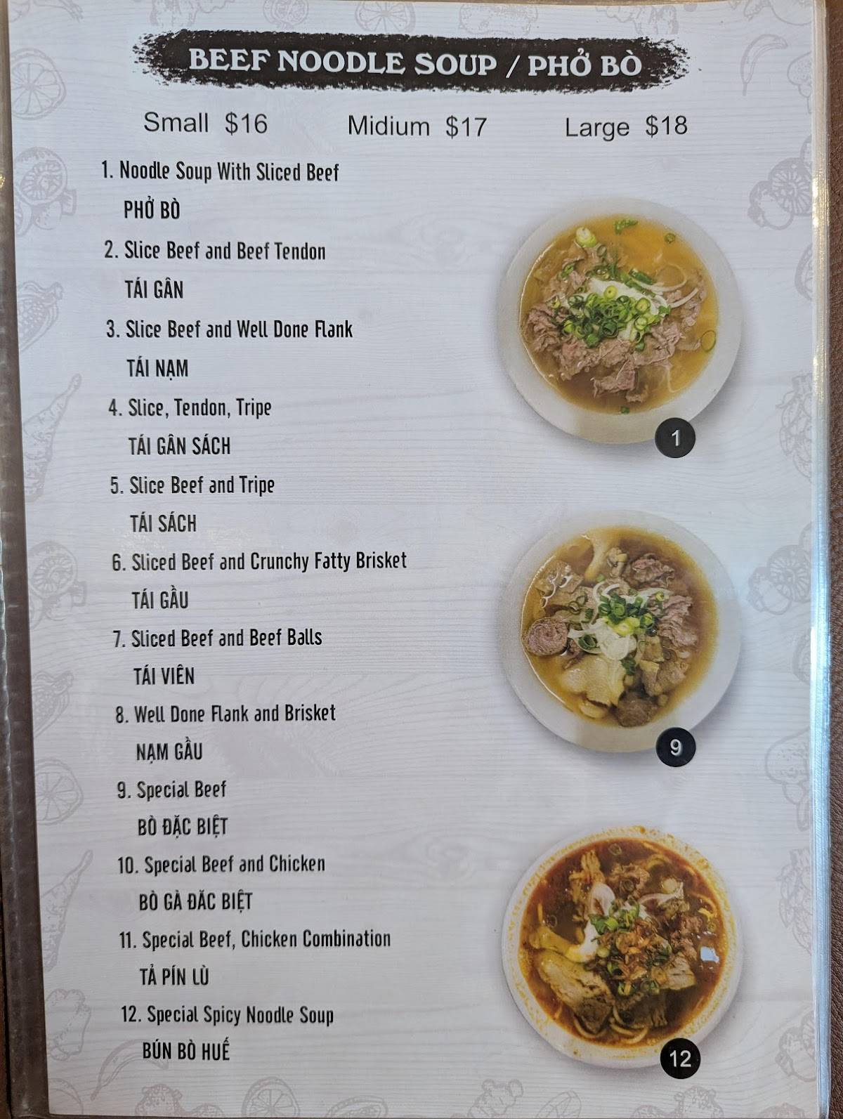 Menu at Saigon One restaurant, Clayton