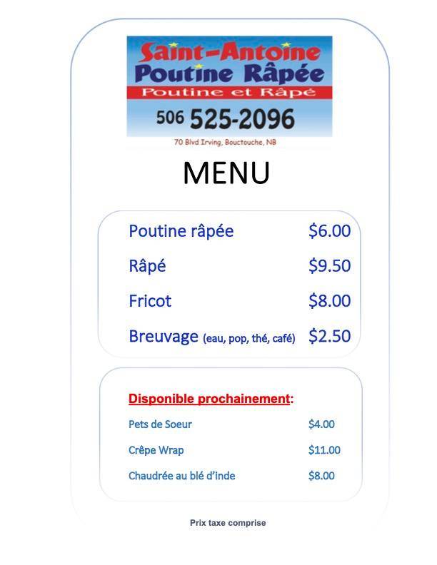 Menu at Le P’tit Coin Acadien Poutine Râpée (Saint-Antoine Poutine ...