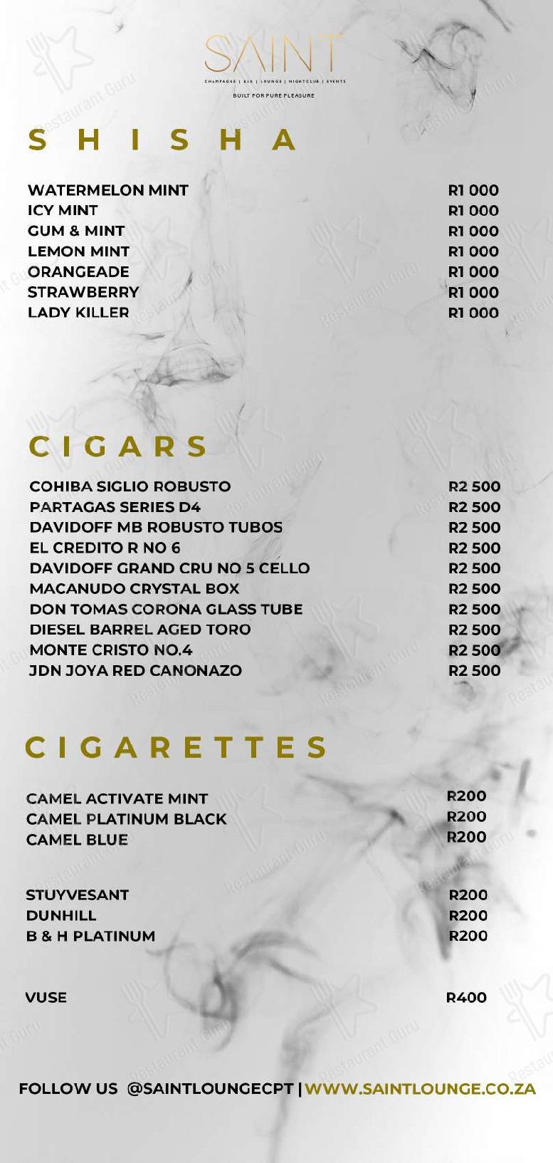 Menu at Saint Champagne Bar & Lounge - Nightclub, Cape Town