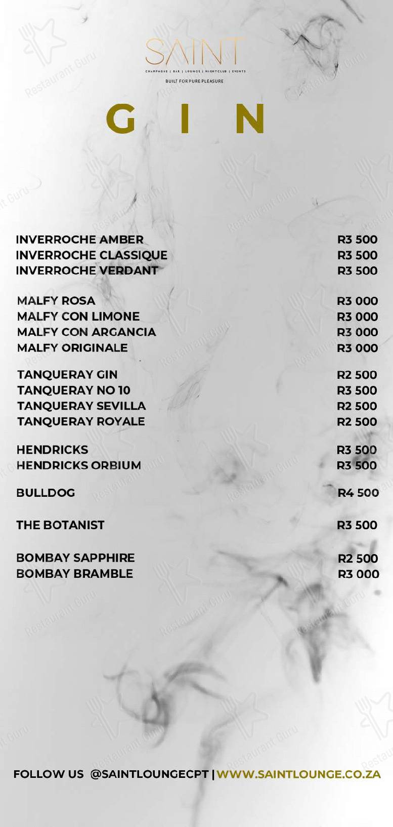 Menu at Saint Champagne Bar & Lounge - Nightclub, Cape Town