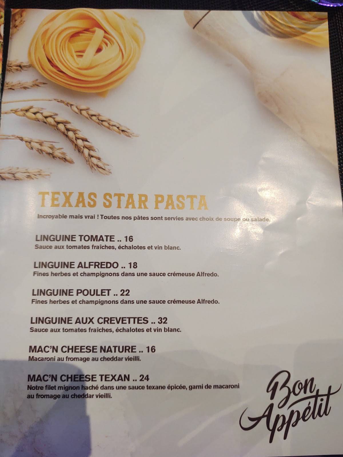 Menu au Restaurant Texas Star, Saint-Eustache, 477 25e Av