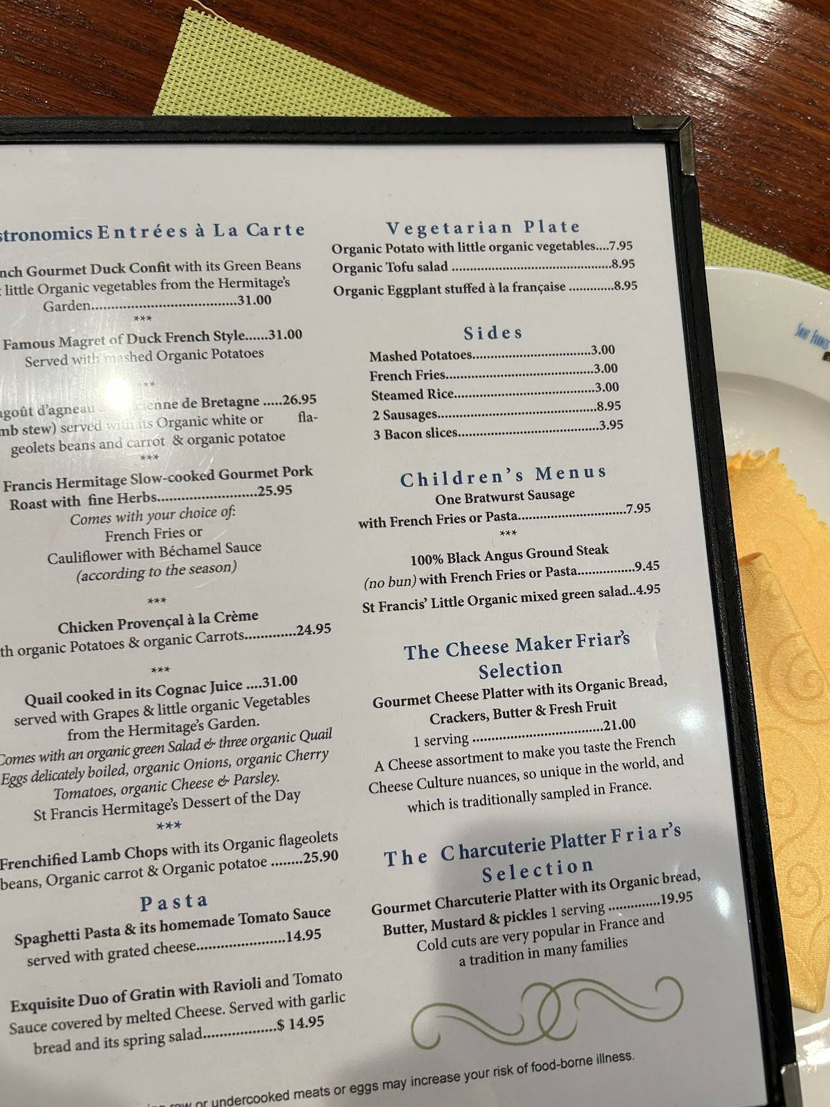 Menu at Saint Francis Hermitage desserts, Gays Mills
