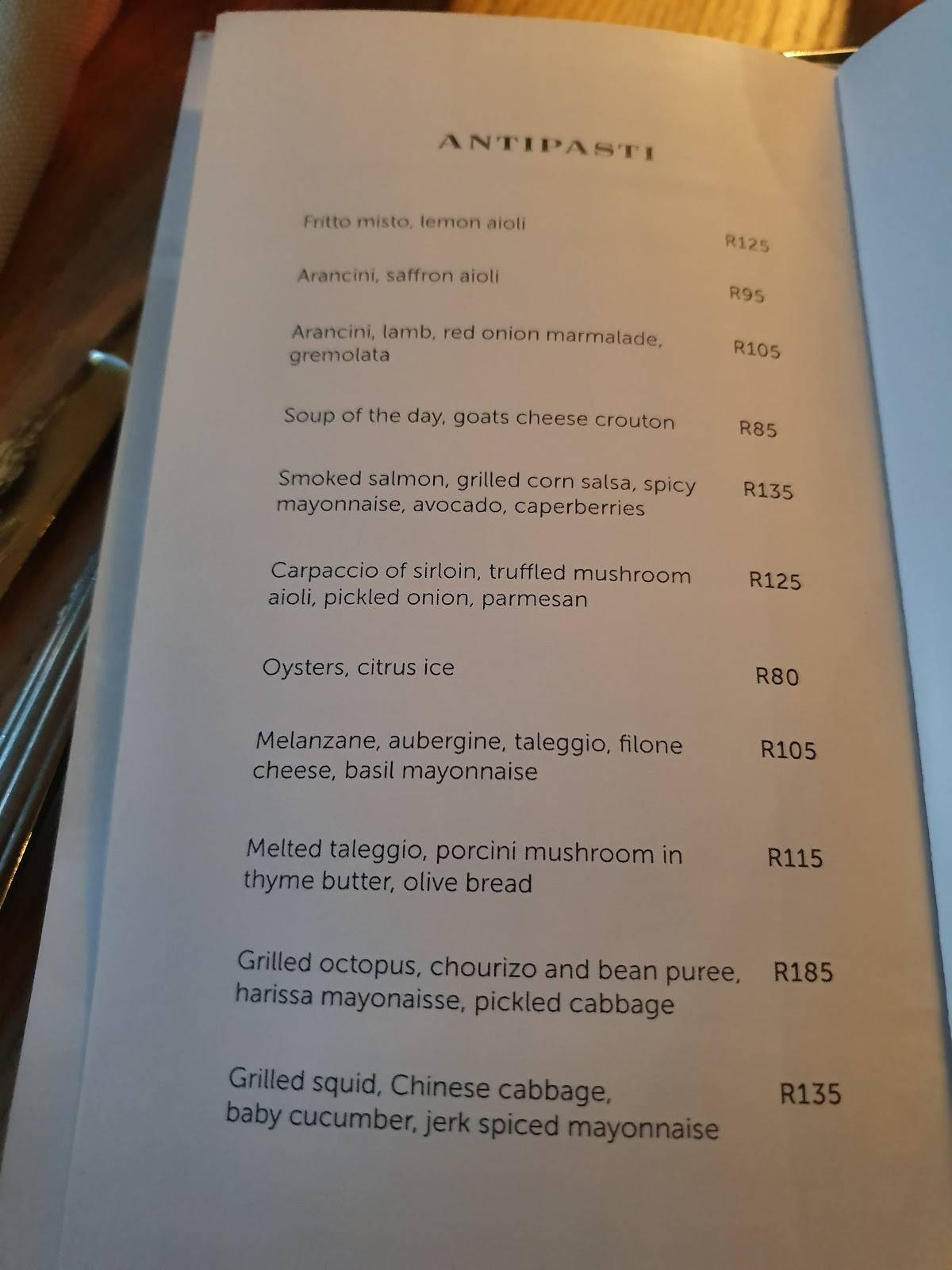 Menu at Saint Restaurant, Sandton