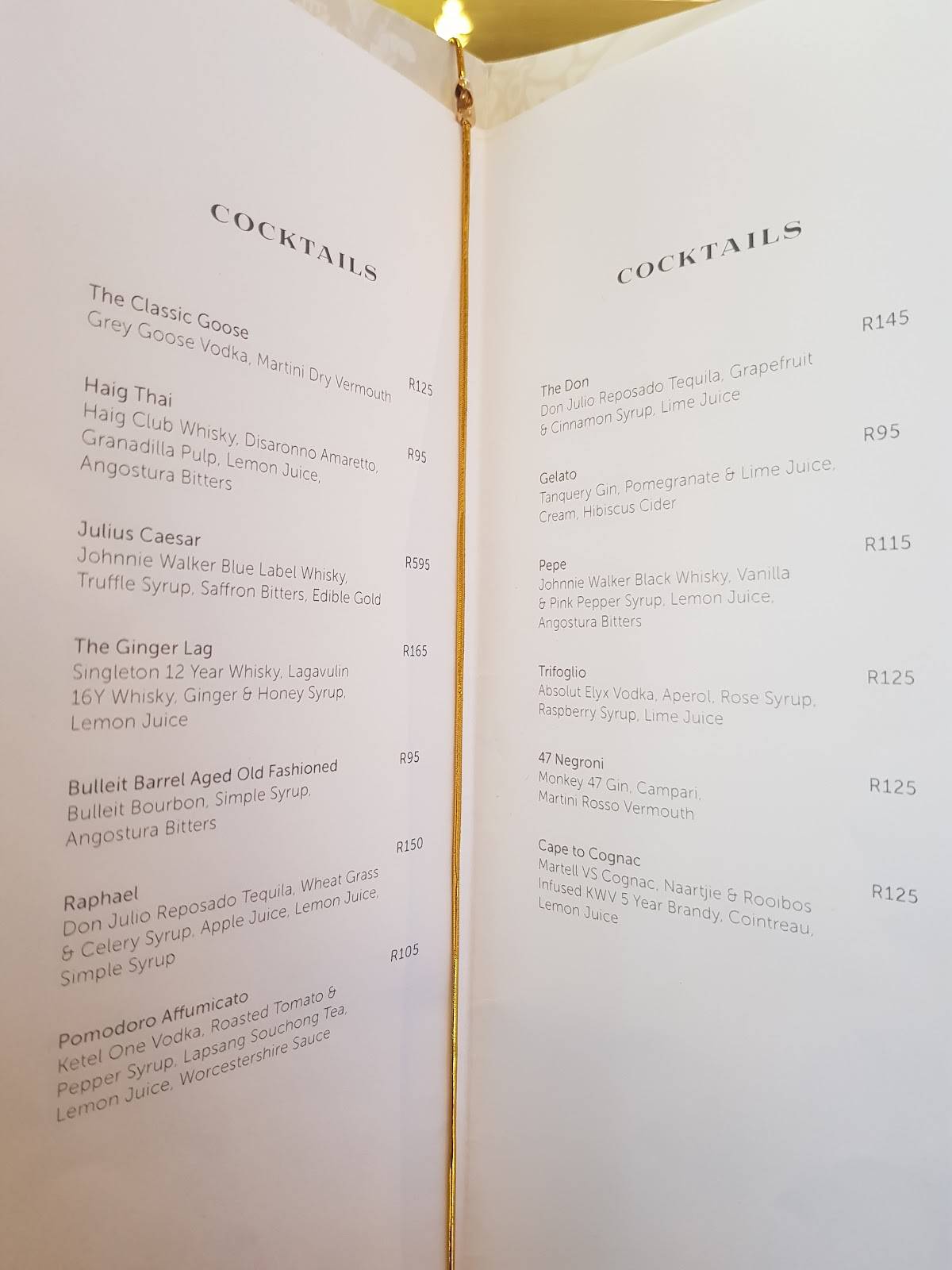 Menu at Saint Restaurant, Sandton