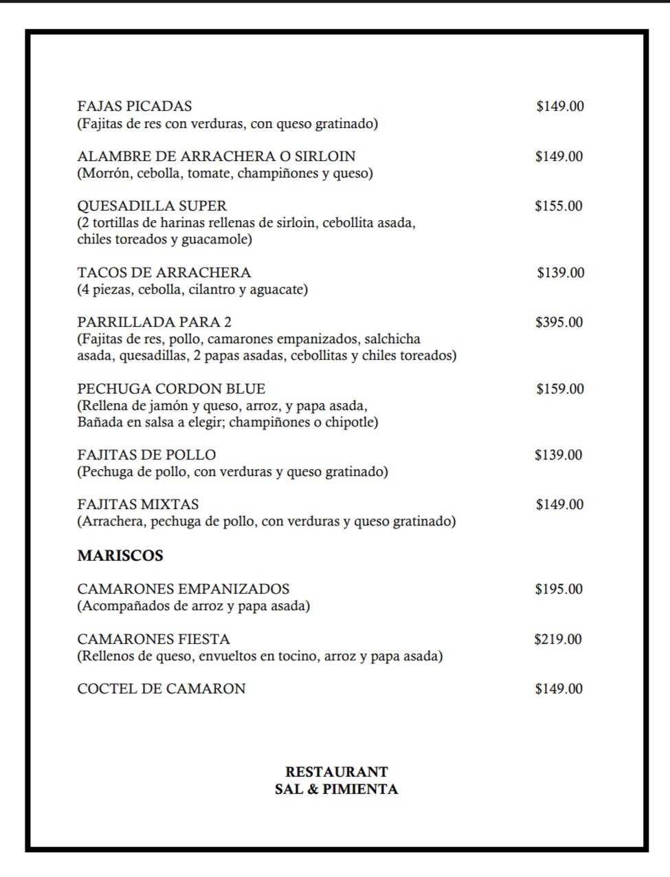 Carta del restaurante Sal y Pimienta ncg, Nuevo Casas Grandes