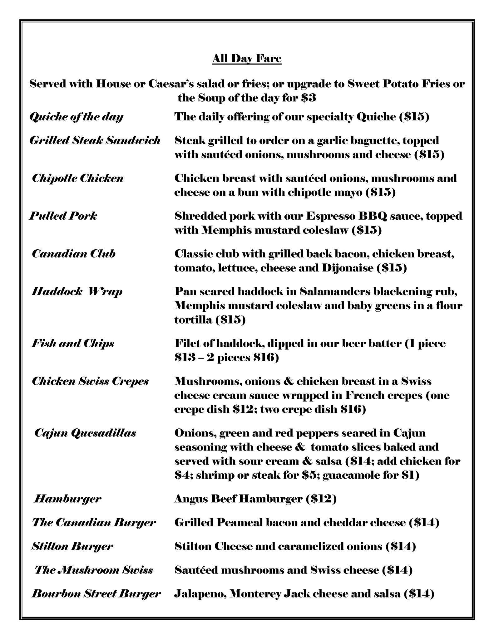 Menu at Salamanders restaurant, Kemptville